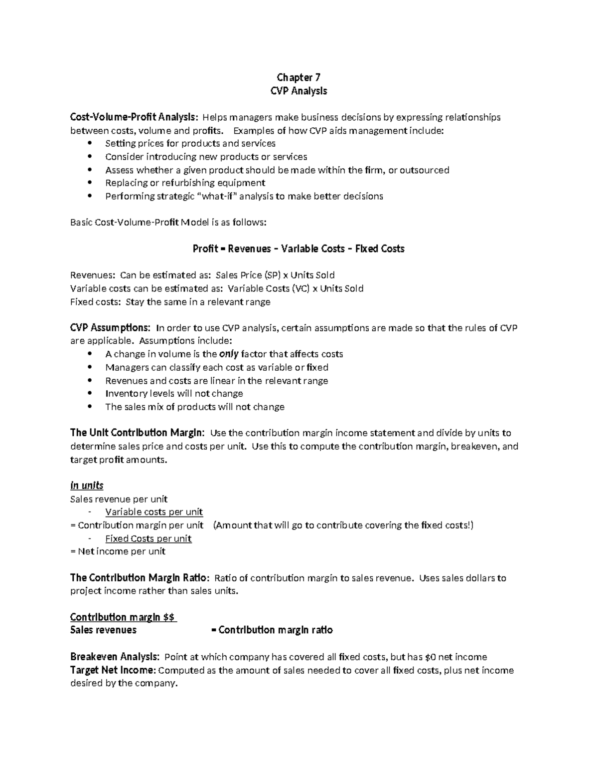 Chapter 7 cvp analysis 1 - Chapter 7 CVP Analysis Cost-Volume-Profit ...