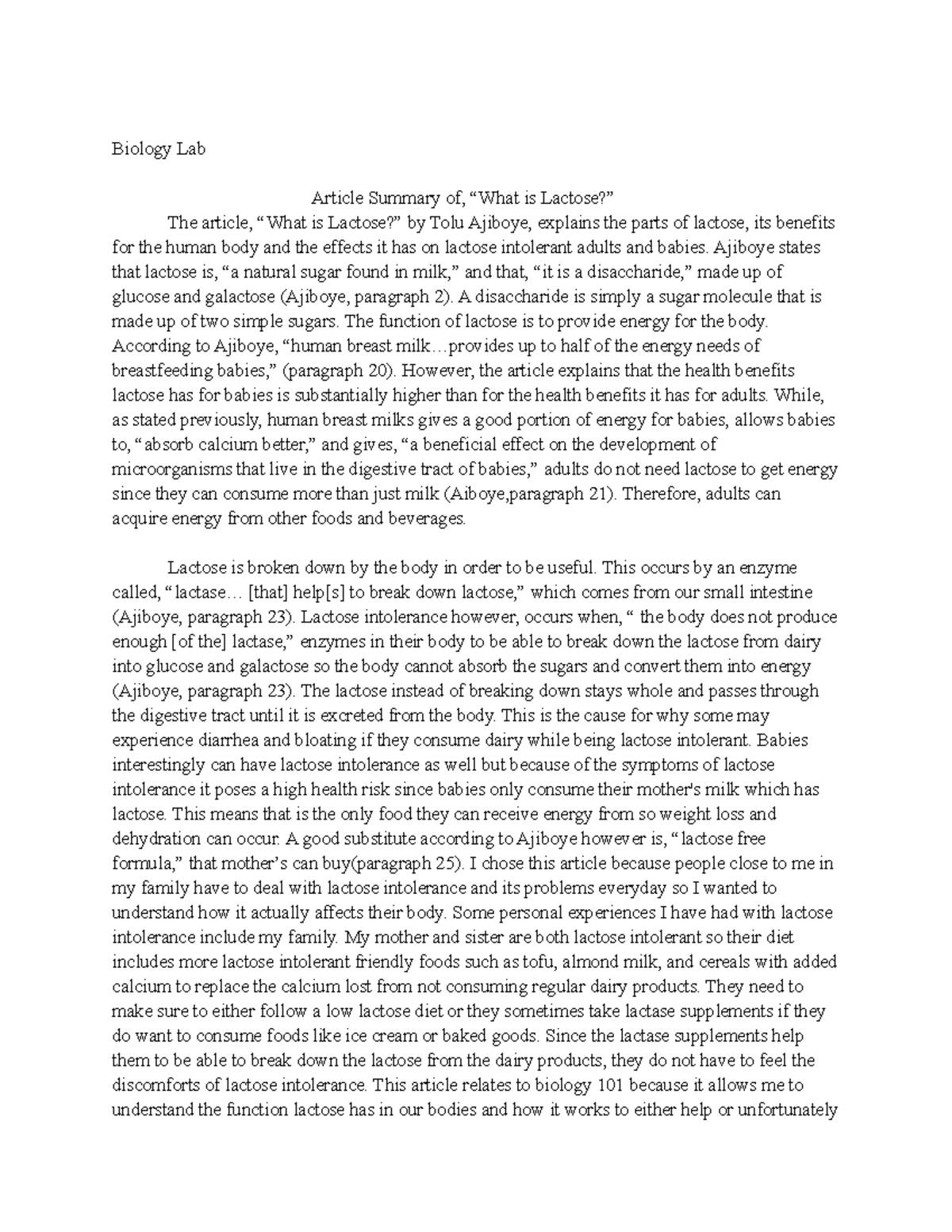 Article summary - Biology Lab Article Summary of, “What is Lactose ...