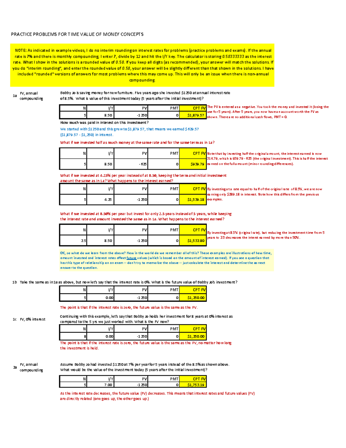 (5) TVM practice problem solutions - PRACTICE PROBLEMS FOR TIME VALUE ...