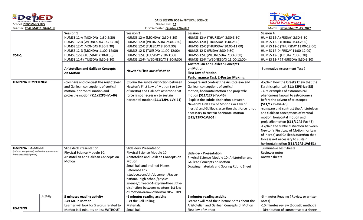 DLL PS 2223 Wk3 - Lesson Plan - DAILY LESSON LOG in PHYSICAL SCIENCE ...