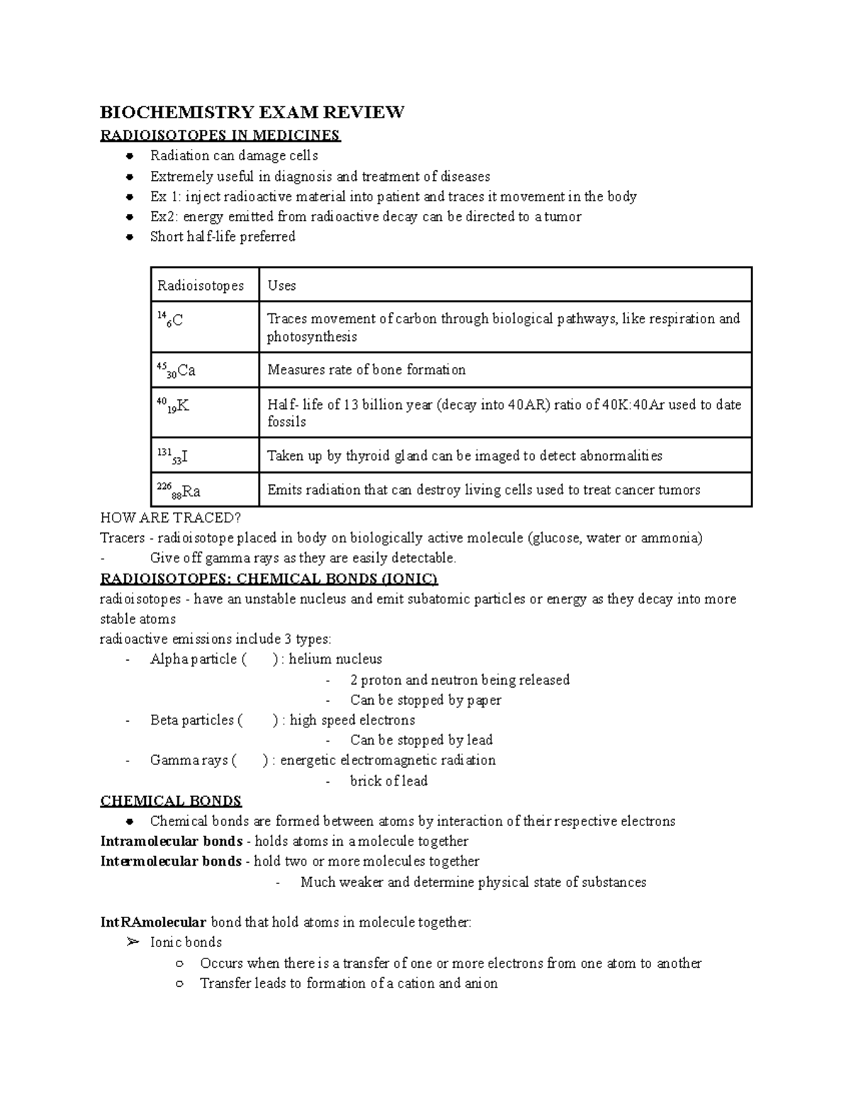 Bio EXAM Review - BIOCHEMISTRY EXAM REVIEW RADIOISOTOPES IN MEDICINES ...