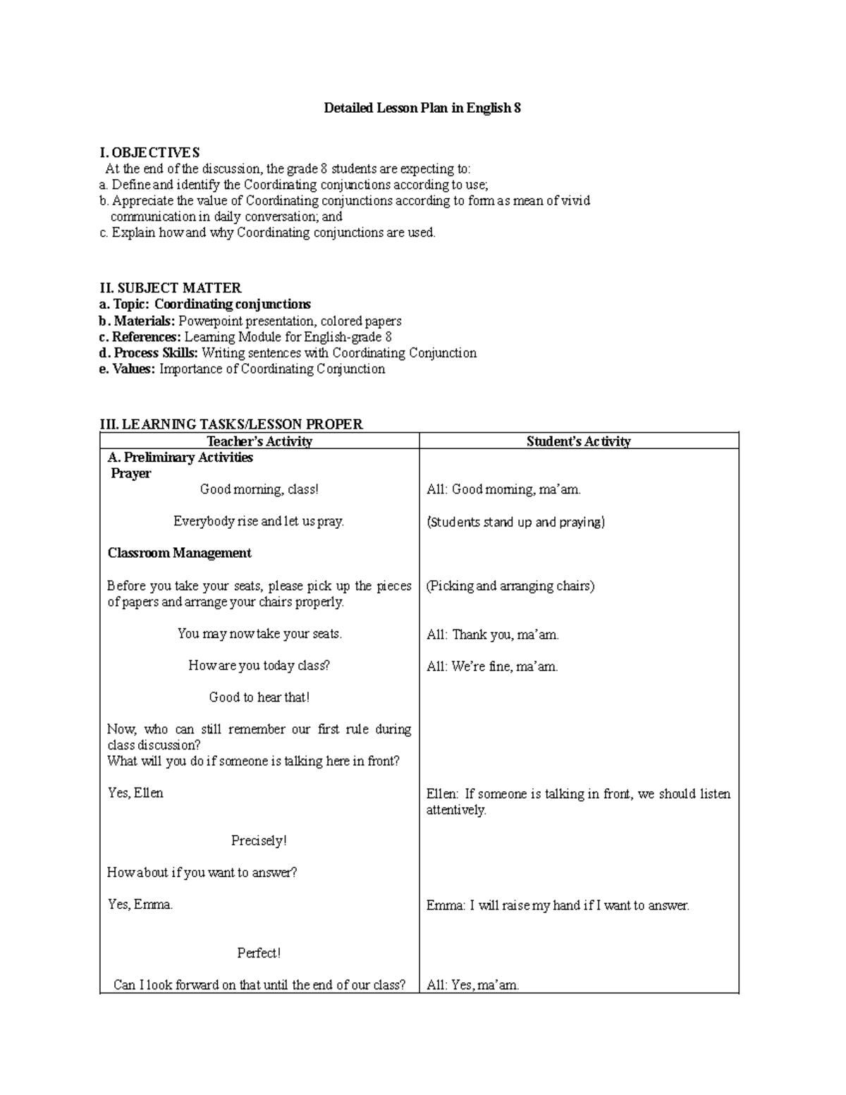 Detailed Lesson Plan in English 8 Coordinating Conjunctions(Mary Joy ...