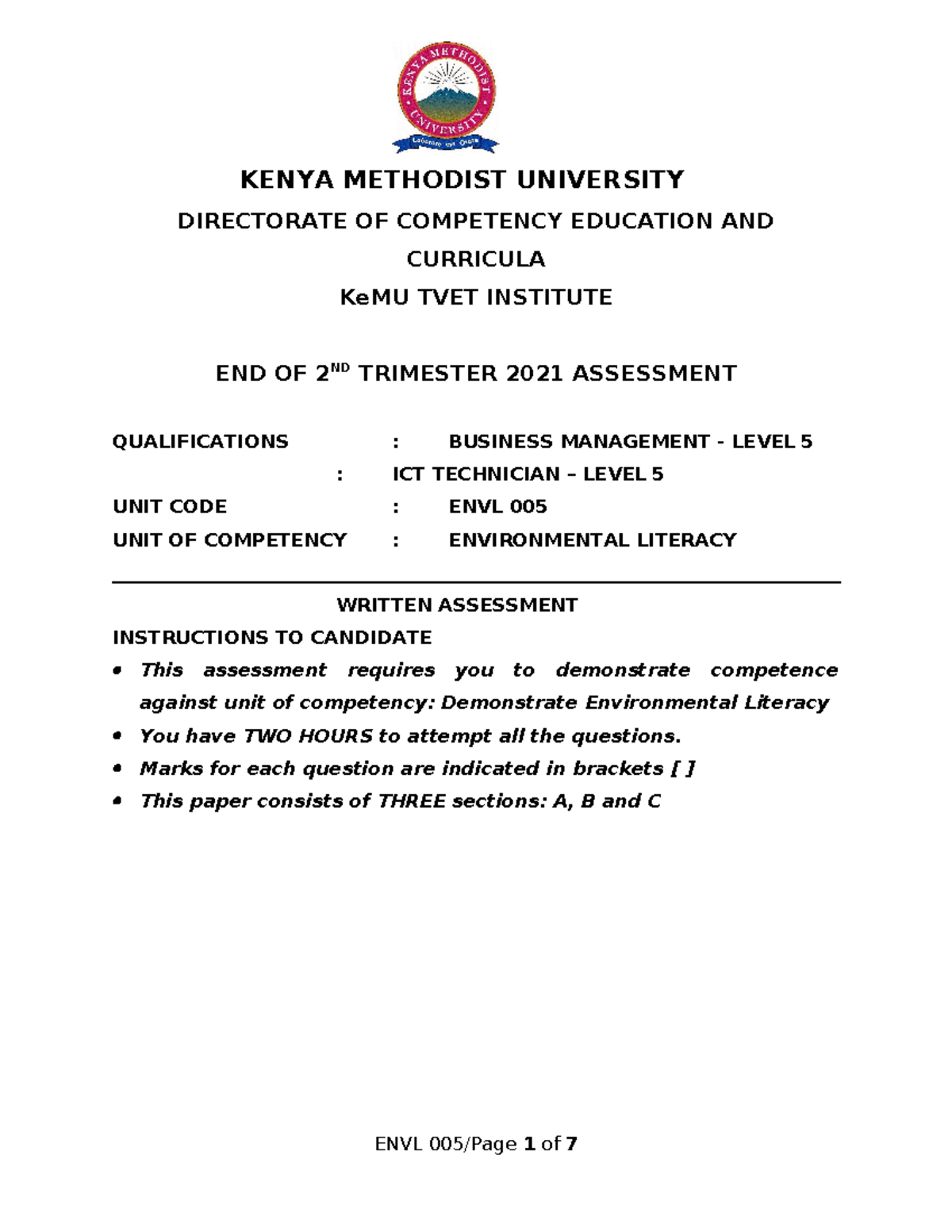 ENVL 005- Environmental literacy - KENYA METHODIST UNIVERSITY ...