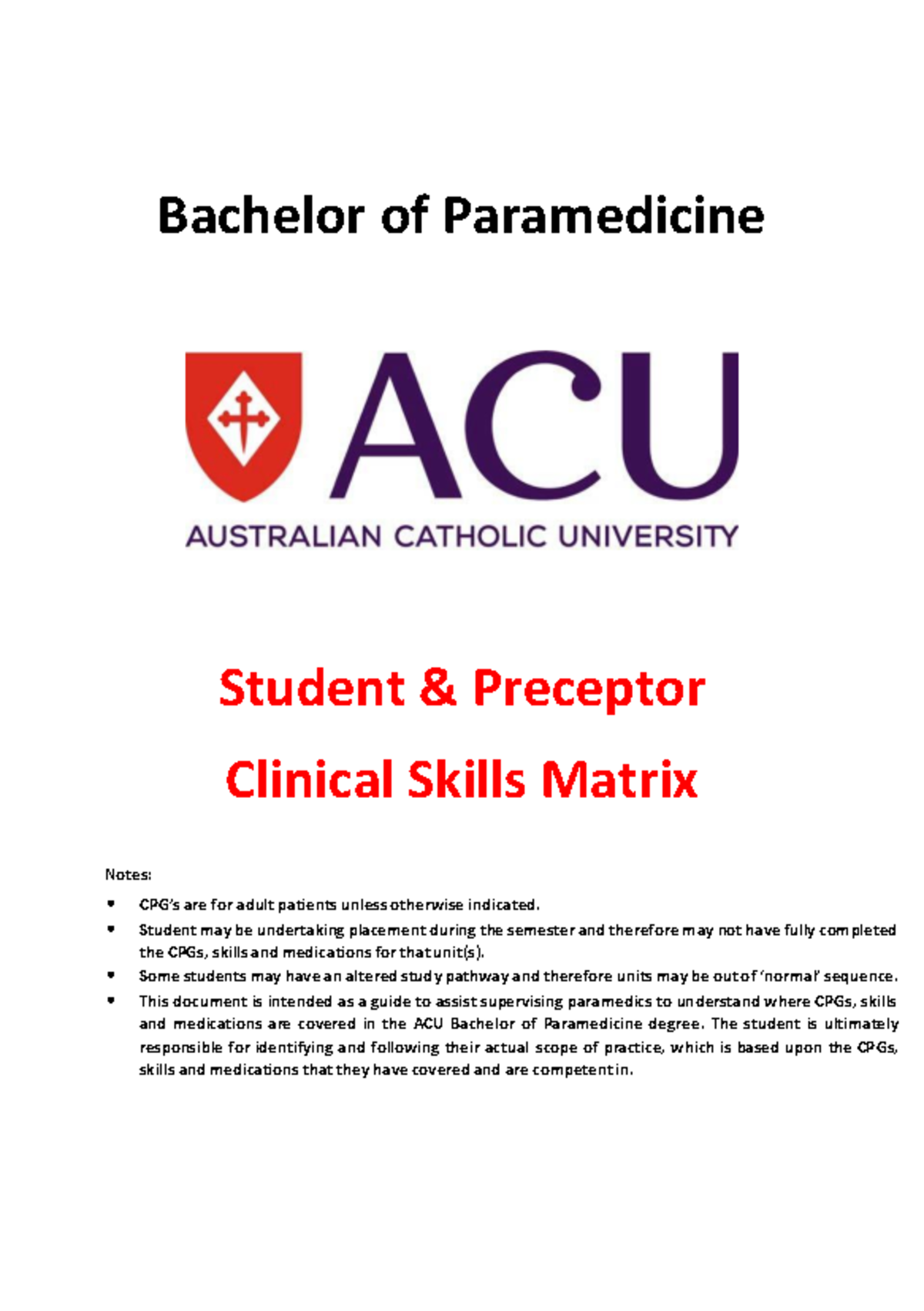 BP Clinical Skills Matrix - Bachelor of Paramedicine Student & Preceptor Clinical Skills Matrix ...