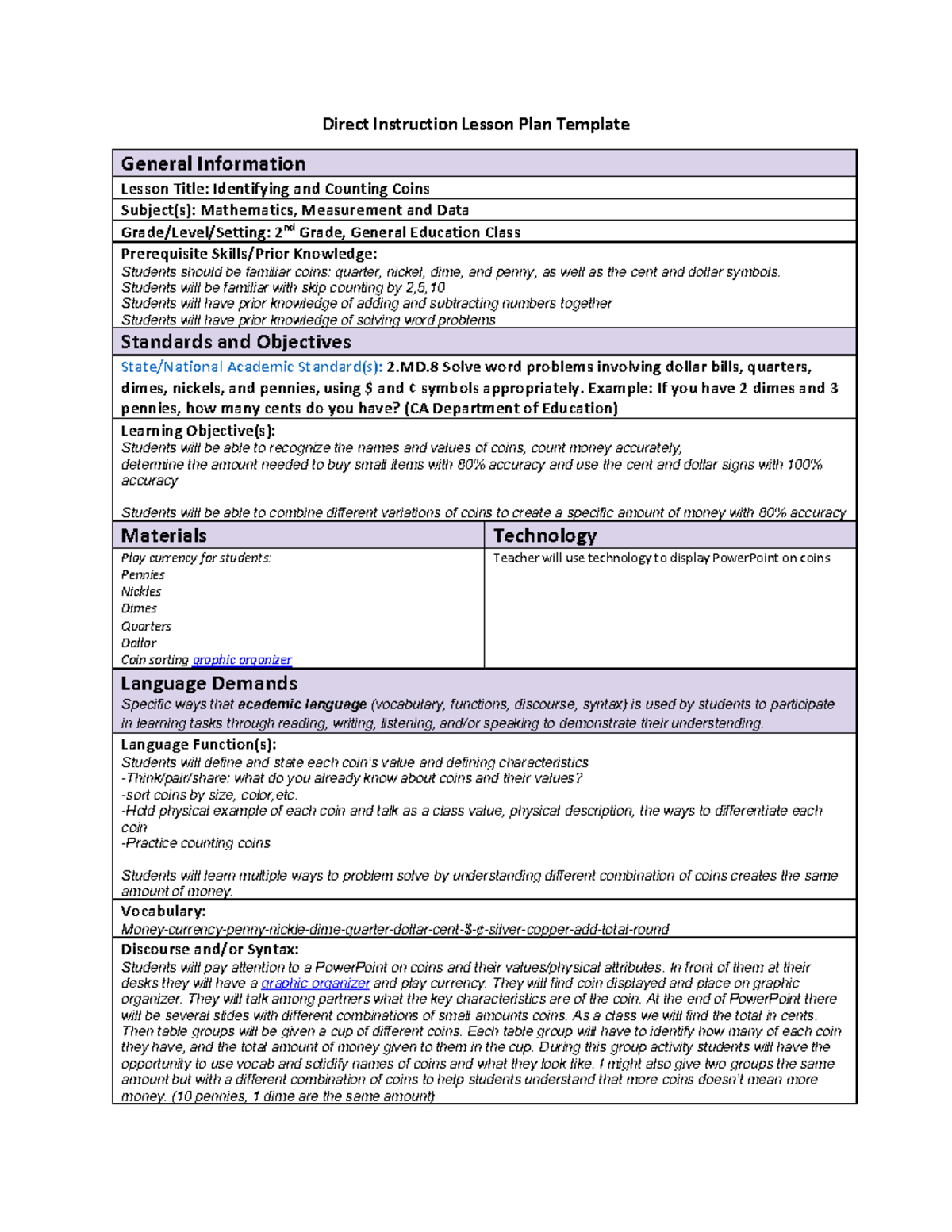 Lesson Plan Task 2 - Direct Instruction Lesson Plan Template General ...