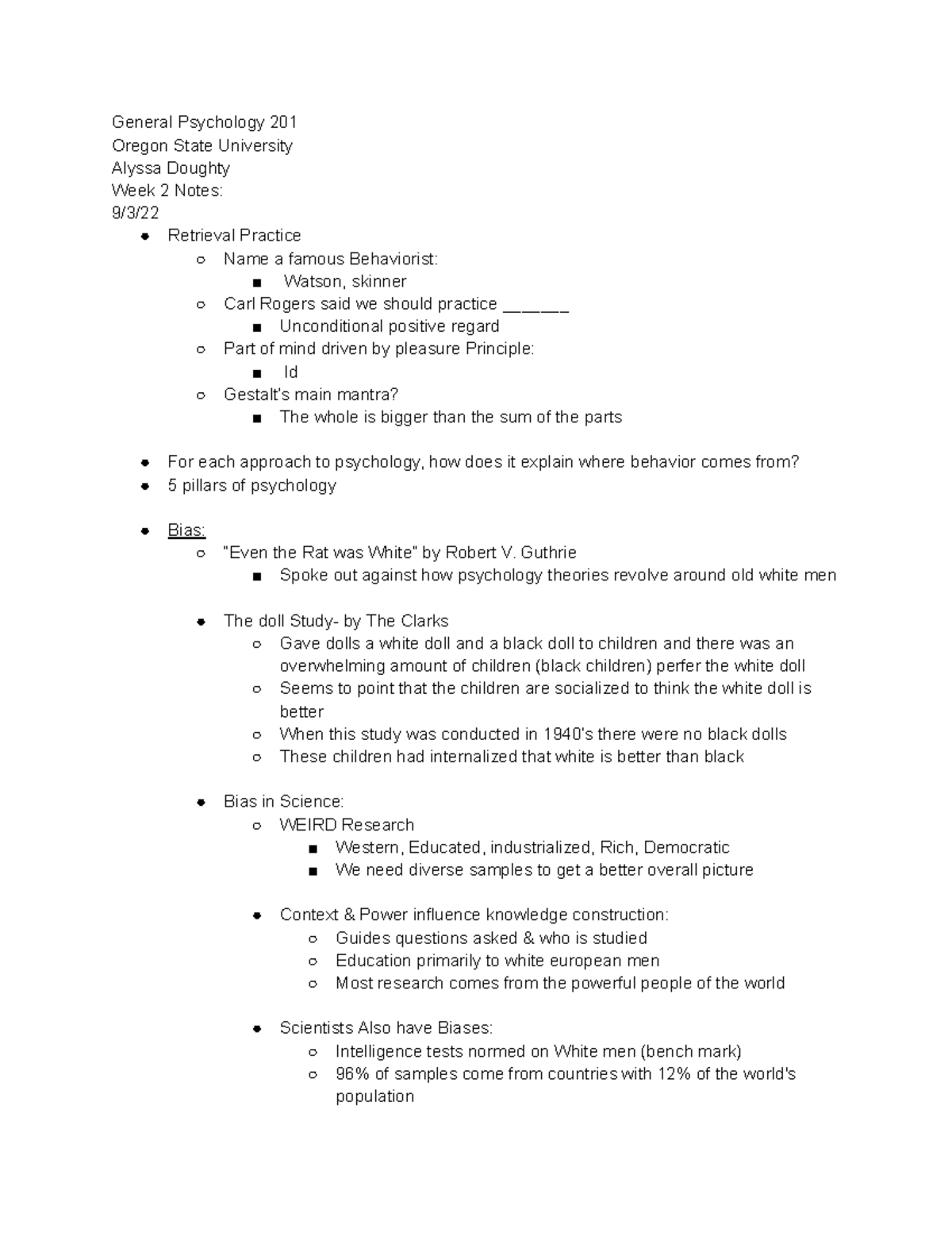 Psych Week 2 Notes - week 2 lectures - General Psychology 201 Oregon ...