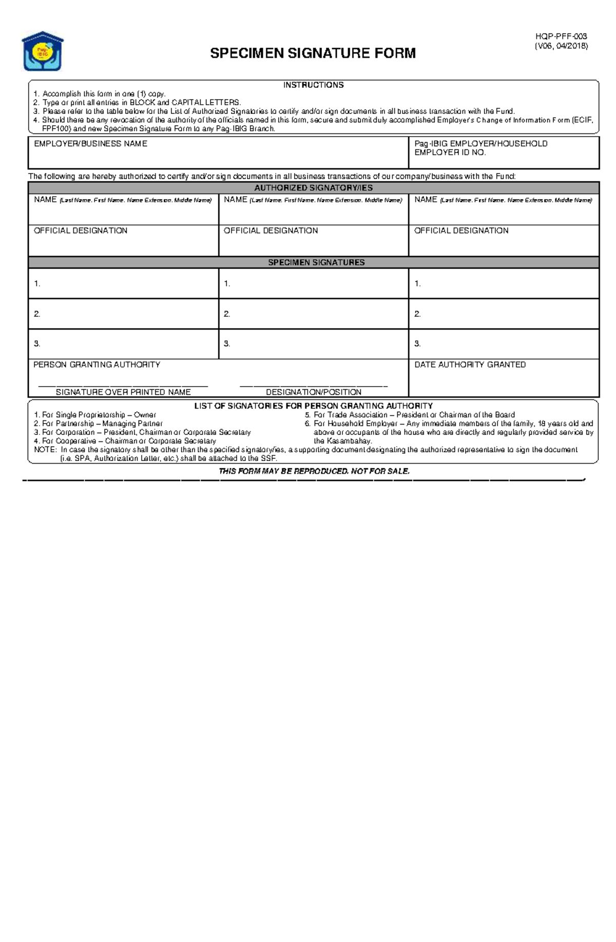 PFF003 Specimen Signature Form V06 - HQP-PFF- 003 (V06, 0 4 /2018 ...