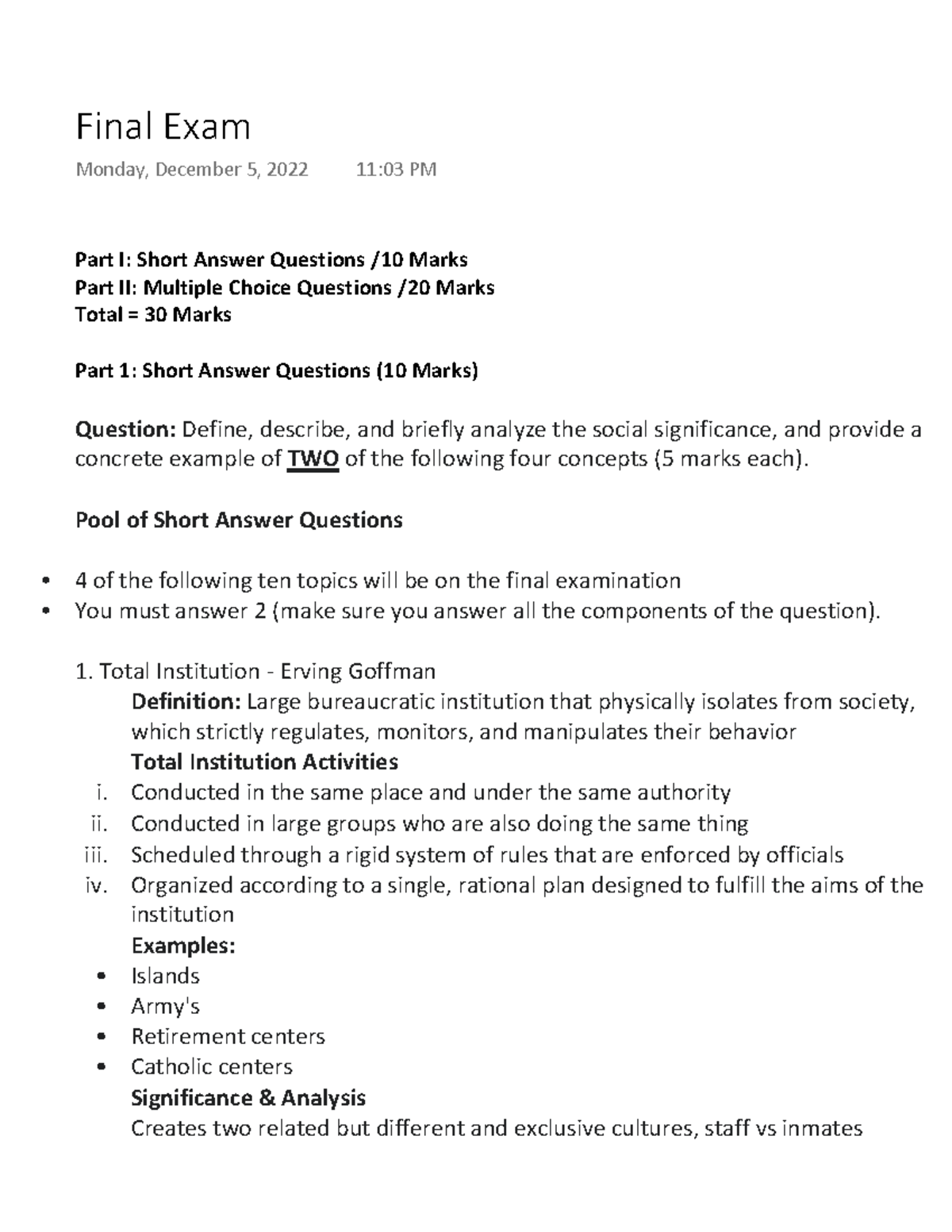 Final Exam - All course learning material for Professor Bird course ...