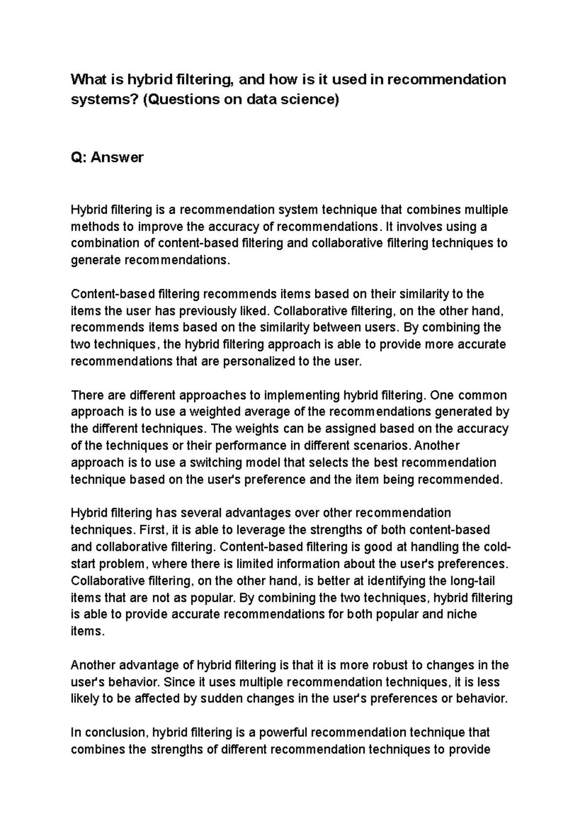 What is hybrid filtering, and how is it used in recommendation systems ...