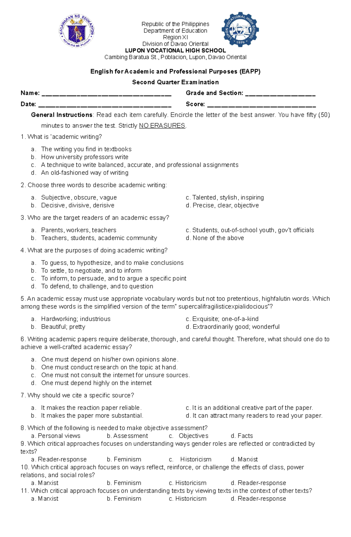 EAPP Second Quarter Exam - Republic of the Philippines Department of ...