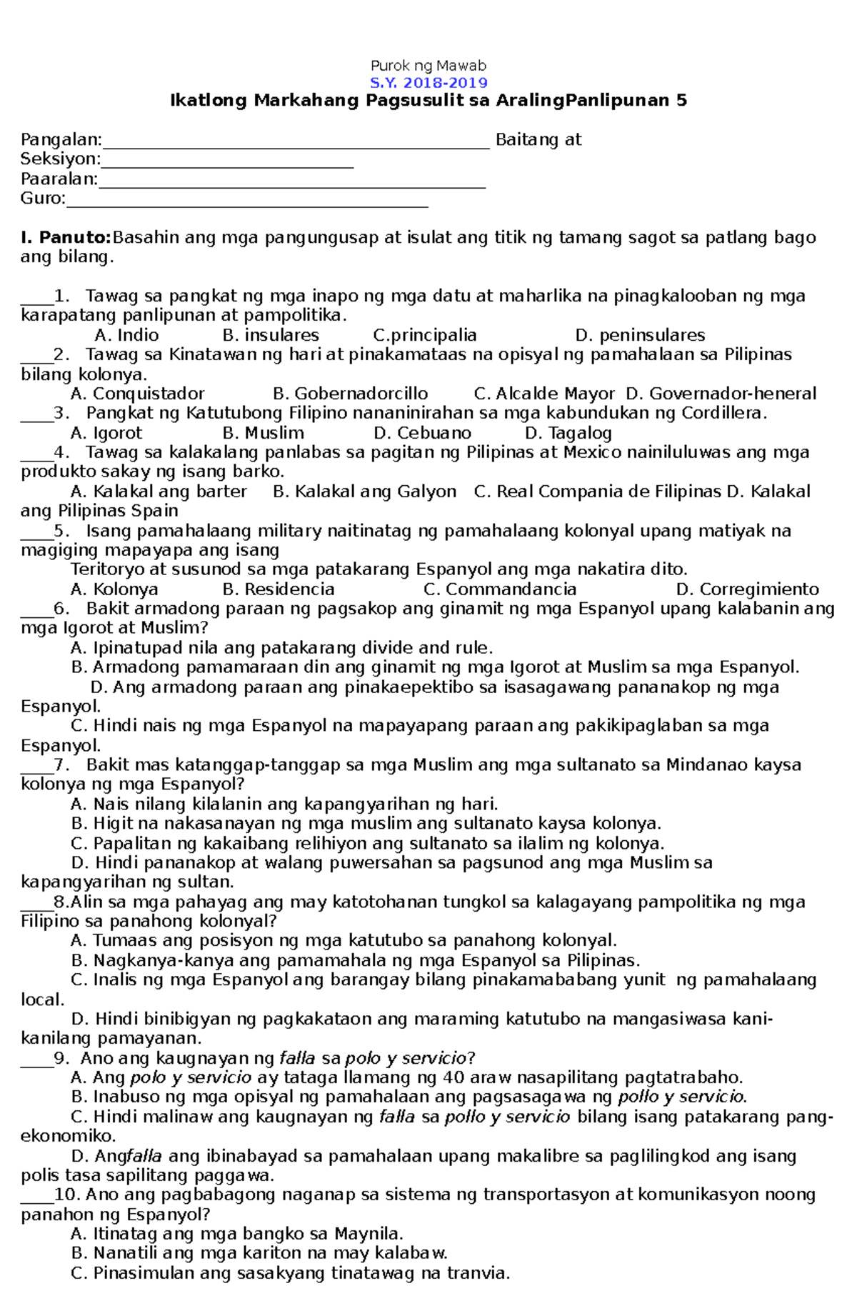 ARAL-PAN-5 - ARAL-PAN-5 - Purok ng Mawab S. 2018- Ikatlong Markahang ...