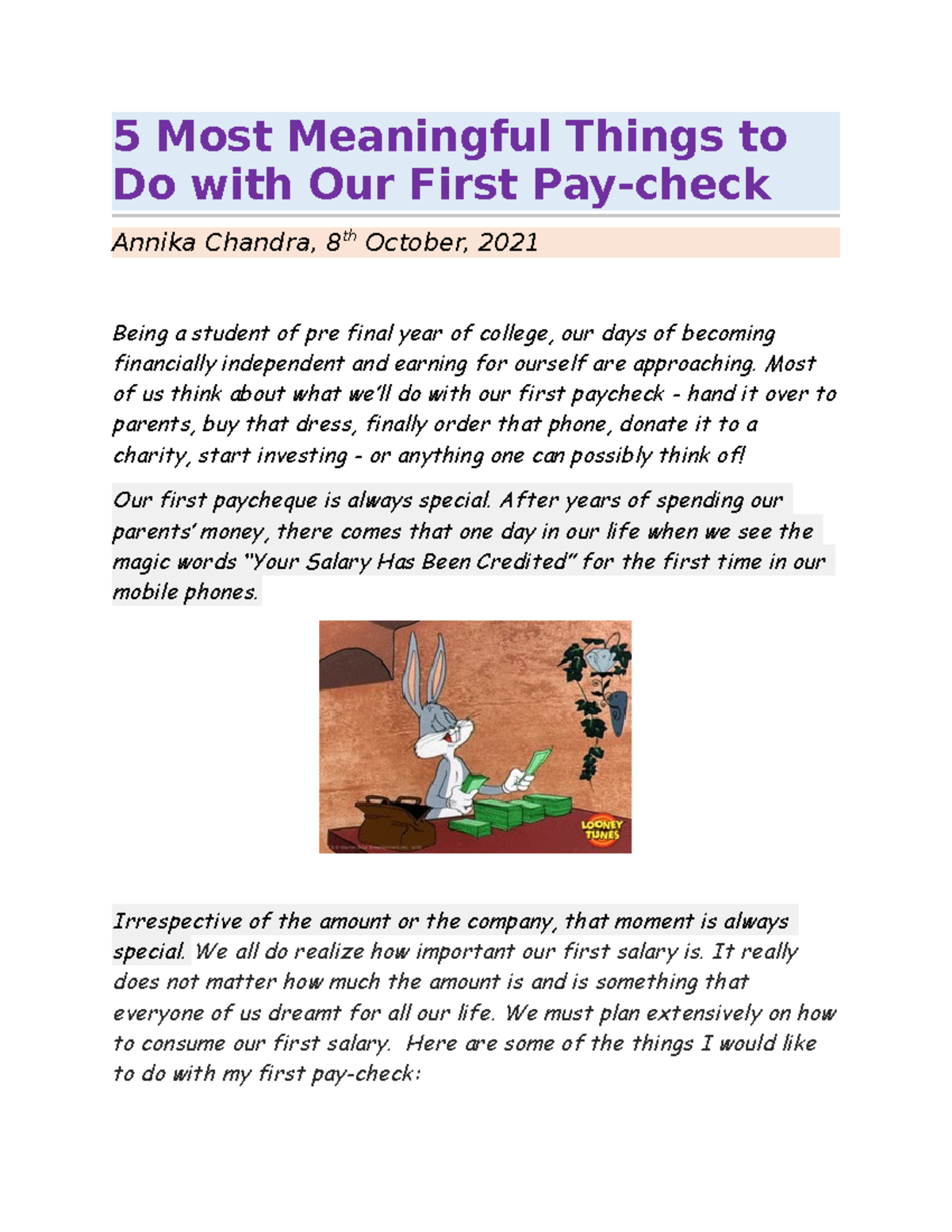 5 Most Meaningful Things to Do with Our First Pay Check - Software Engineering - VIT - Studocu