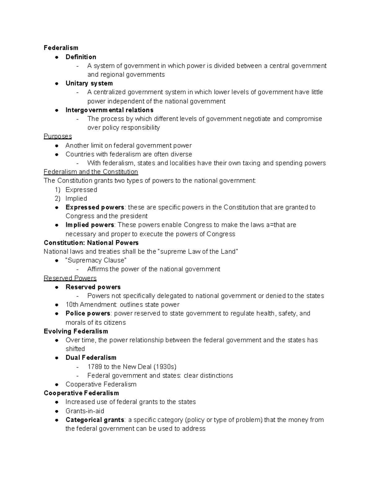 Federalism - Notes - Federalism Definition - A system of government in ...