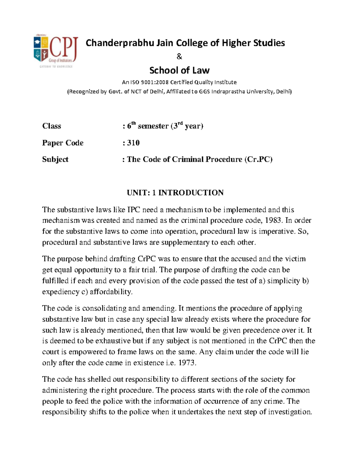 CRPC CPJ Notes - & School of Law An ISO 9001:2008 Certified Quality ...