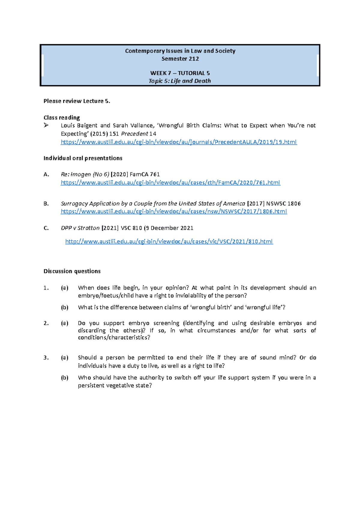 Tutorial 5(Wk7) - Contemporary Issues in Law and Society Semester 212 ...