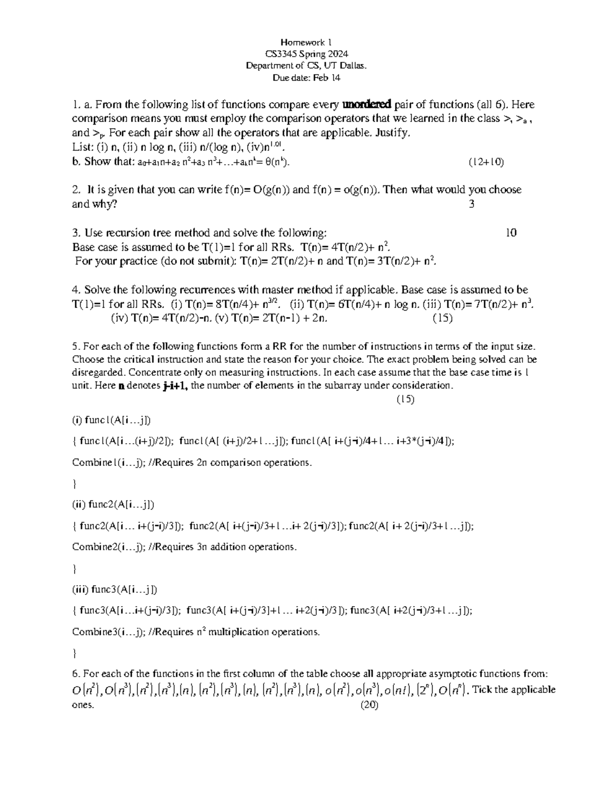 HW1(1) - HW assignment - Homework 1 CS3345 Spring 2024 Department of CS, UT Dallas. Due date ...