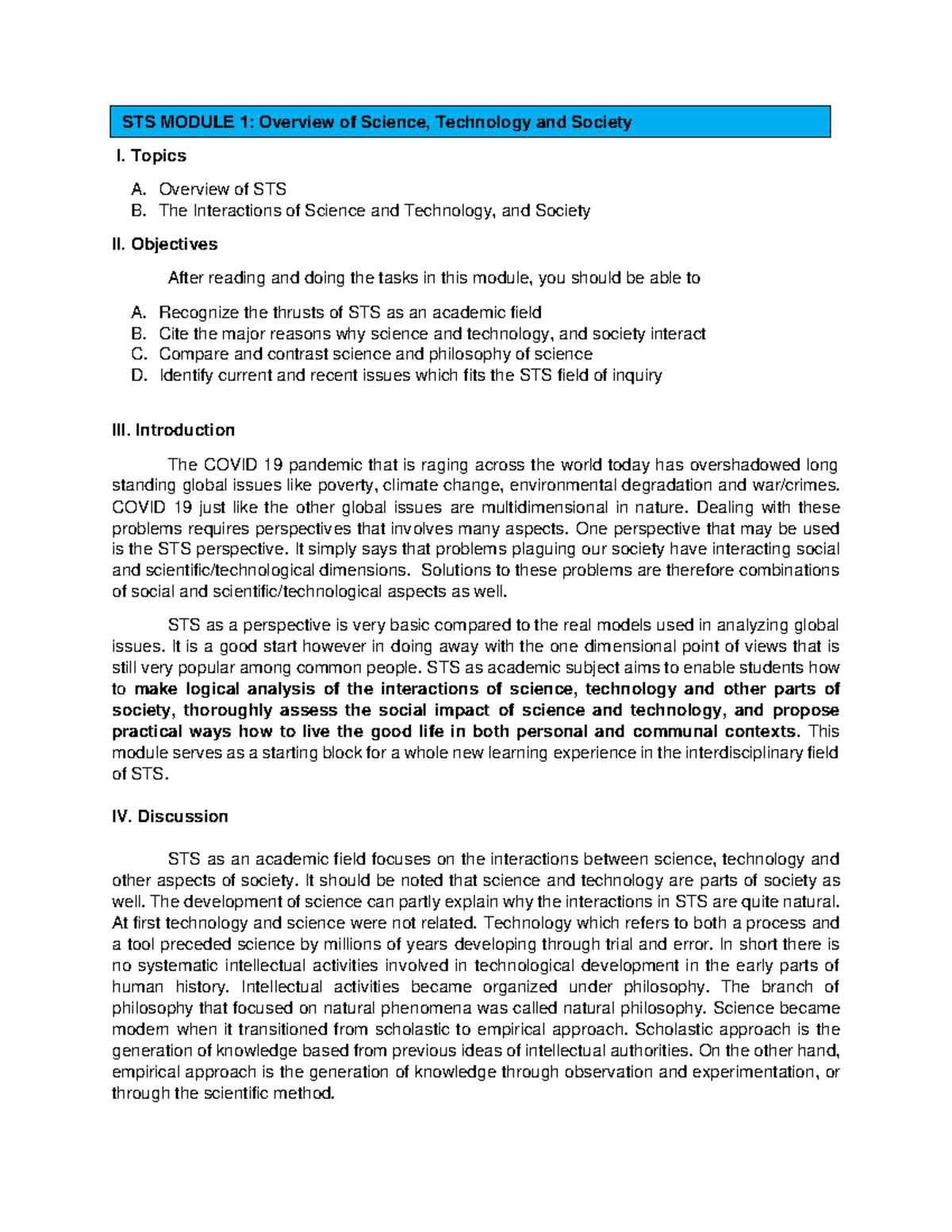 STS Module 1 Overview of STS ( Acquire) - I. Topics A. Overview of STS B. The Interactions of ...