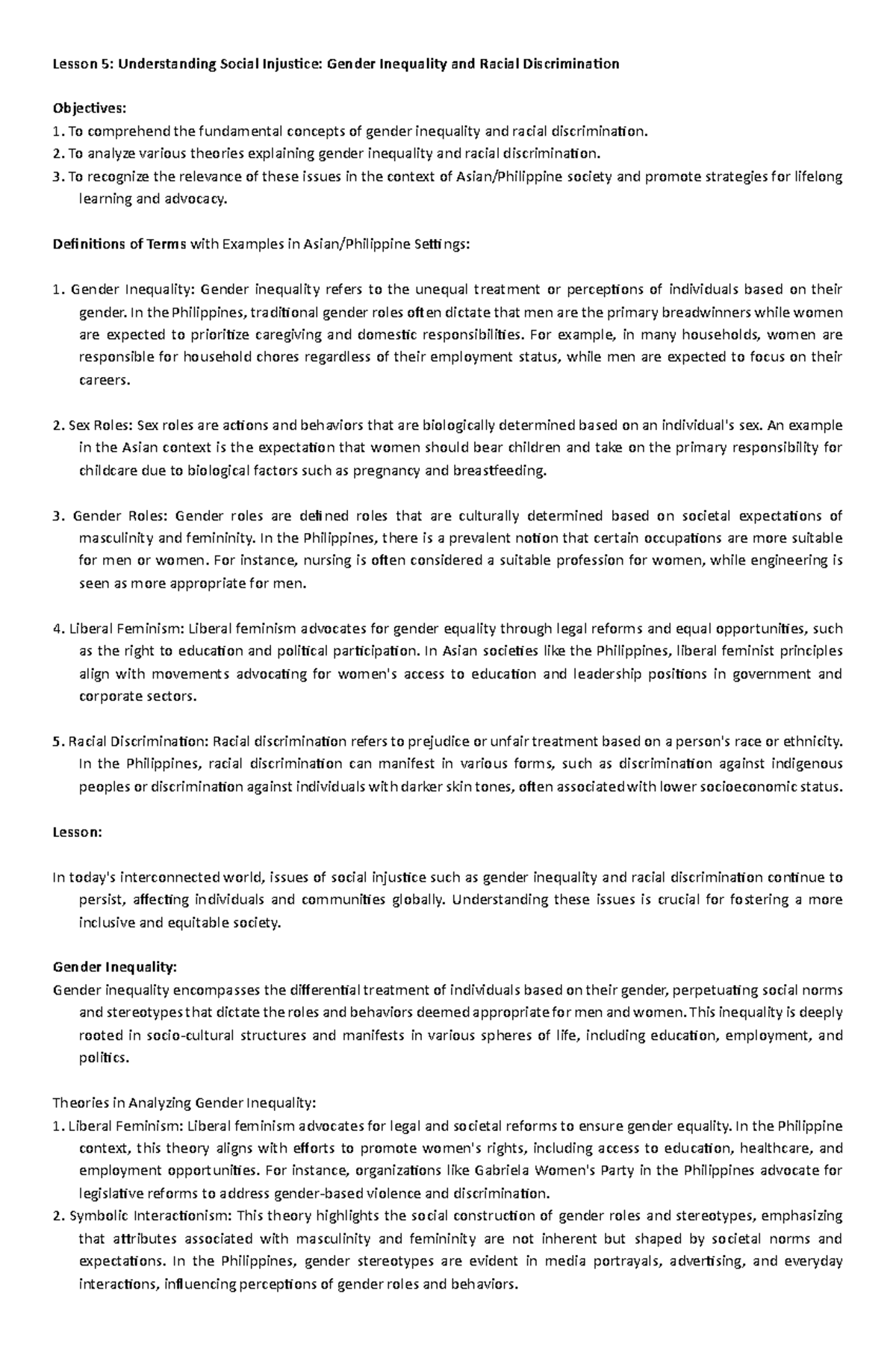 DISS Lesson 5 Q A - Lesson 5: Understanding Social Injustice: Gender ...