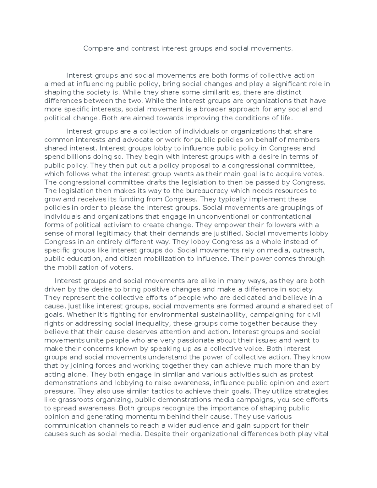 Compare and contrast interest groups and social movements. - Interest ...