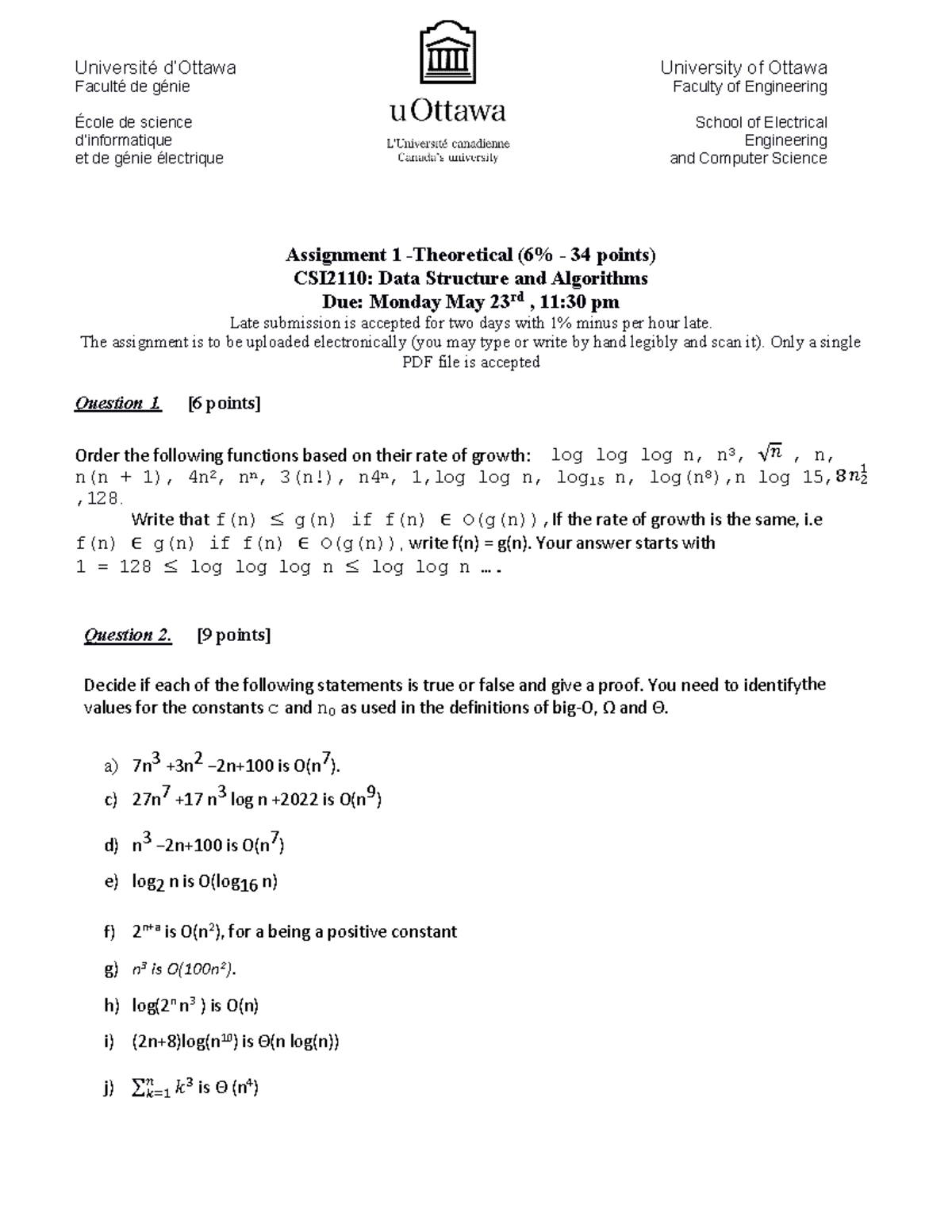 A01 Theoretical Assignment S22 - Université d’Ottawa Faculté de génie École de science - Studocu