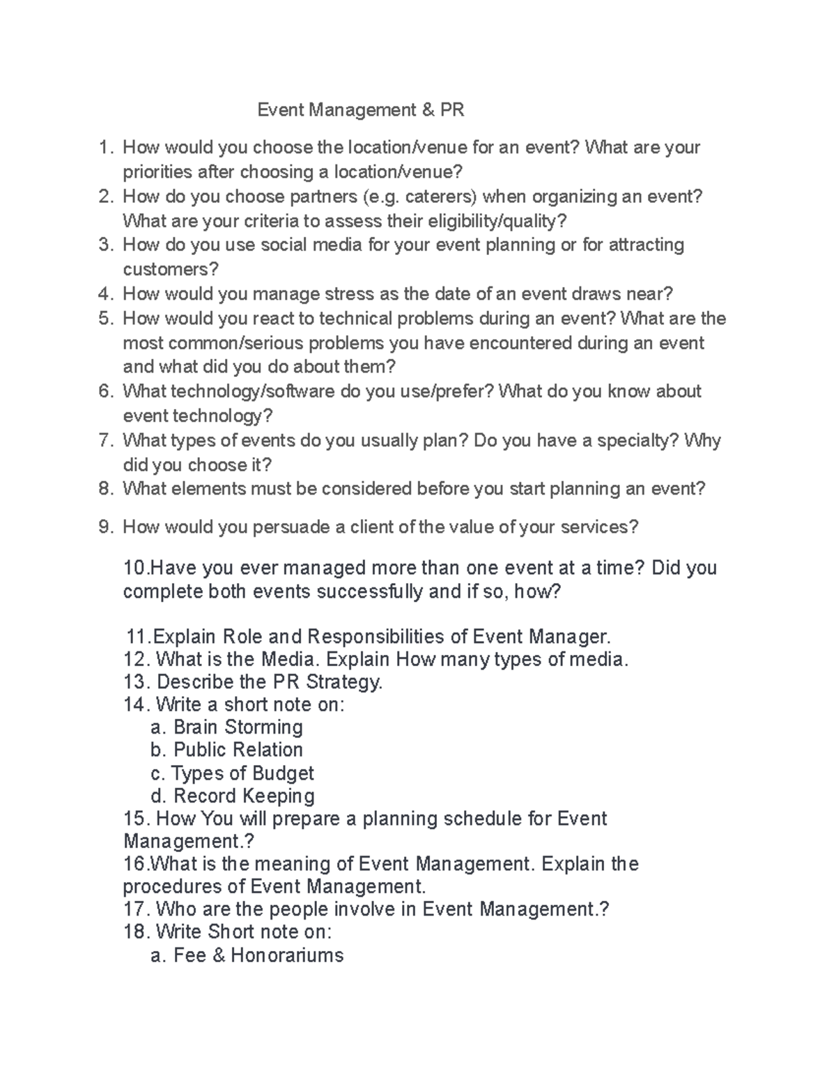 Question Bank Event Magmt - Event Management & PR How would you choose ...