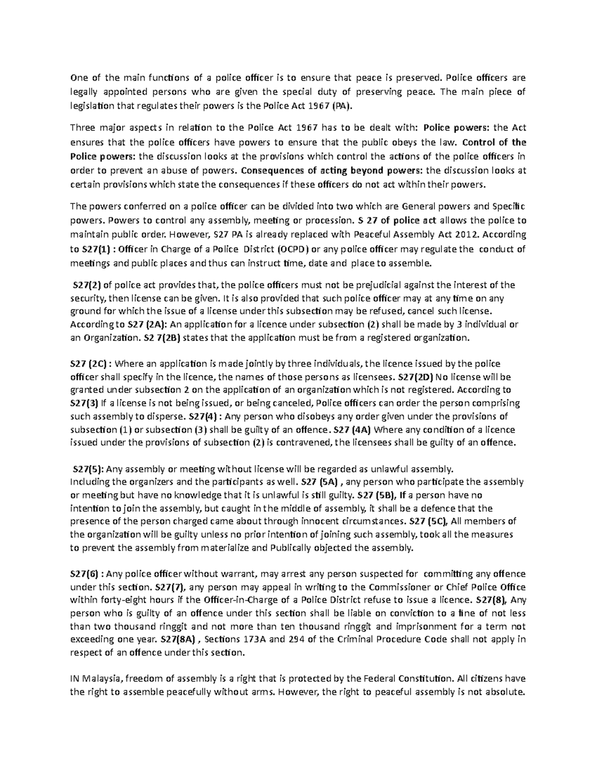 Police act - One of the main functions of a police officer is to ensure ...