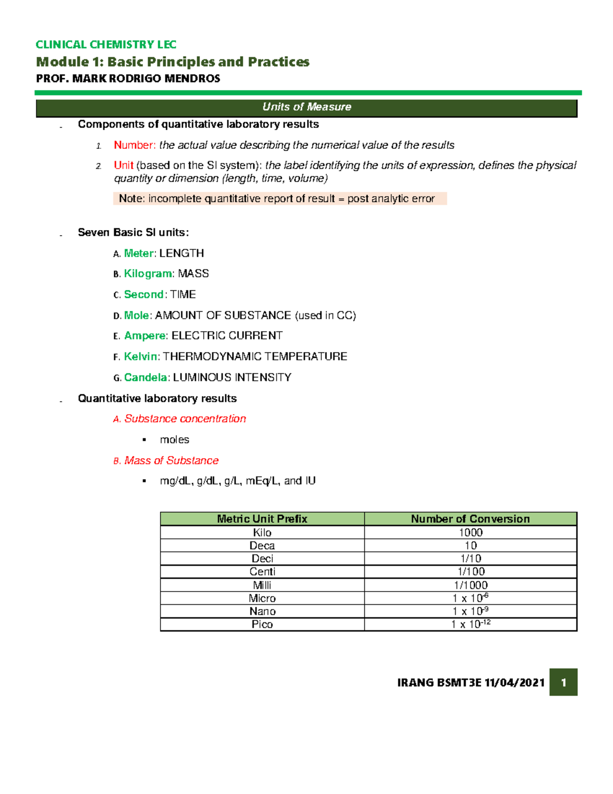CC LEC Notes #2 - Clinical Chemistry Lecture - Module 1: Basic ...