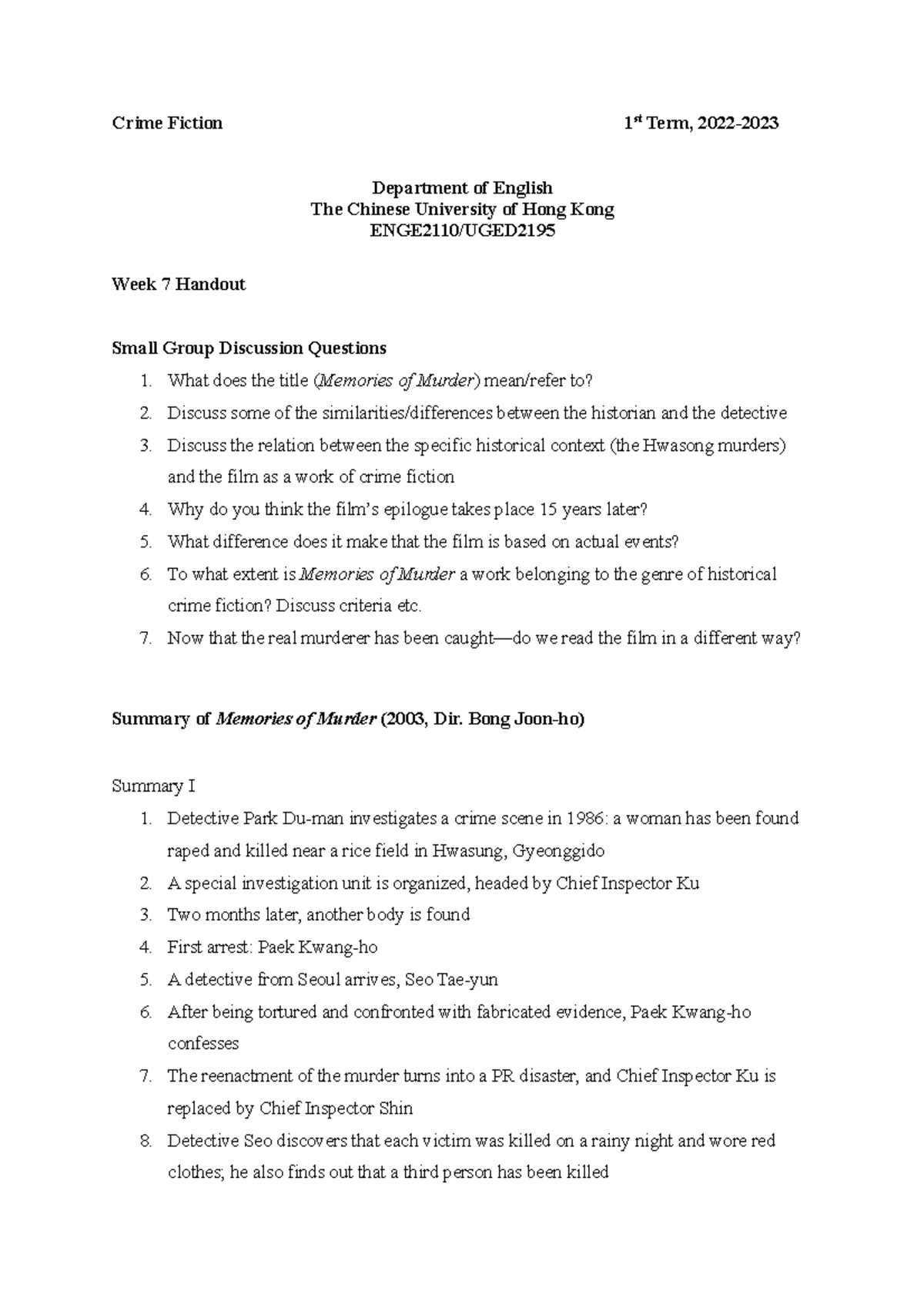Week 7 Handout CF Memories of Murder Questions and Summary - Crime ...