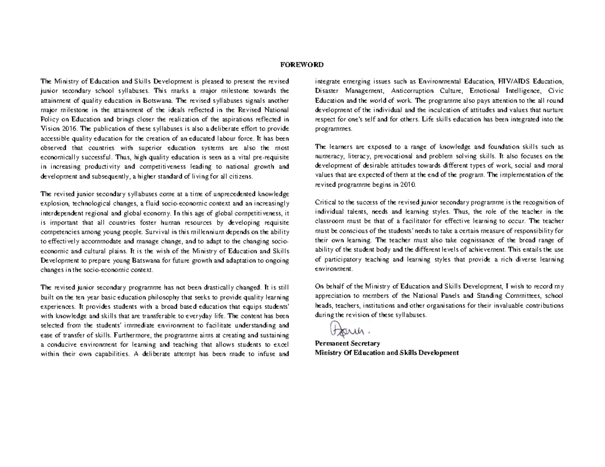 JC- Science - FOREWORD The Ministry of Education and Skills Development ...