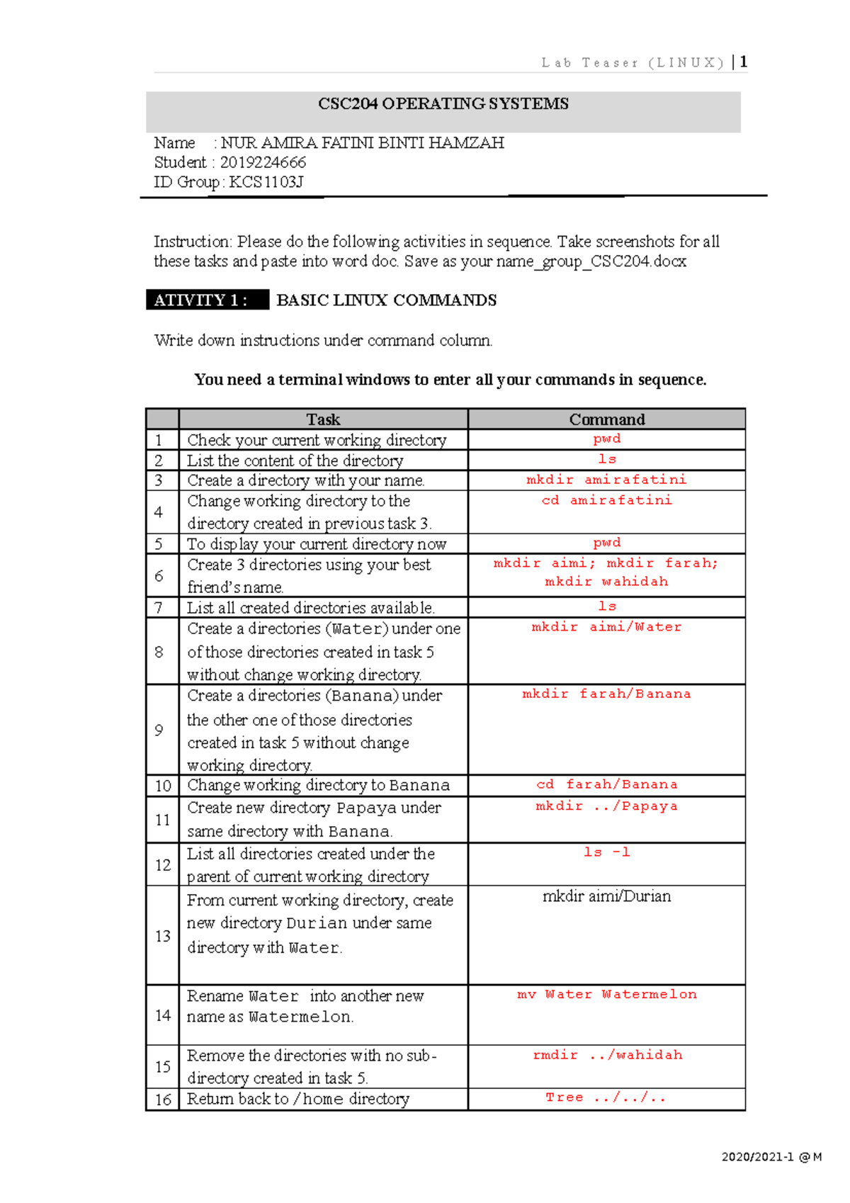 Lab Teaser 1 - exercise lab 1 - CSC204 OPERATING SYSTEMS Name : NUR AMIRA FATINI BINTI HAMZAH ...