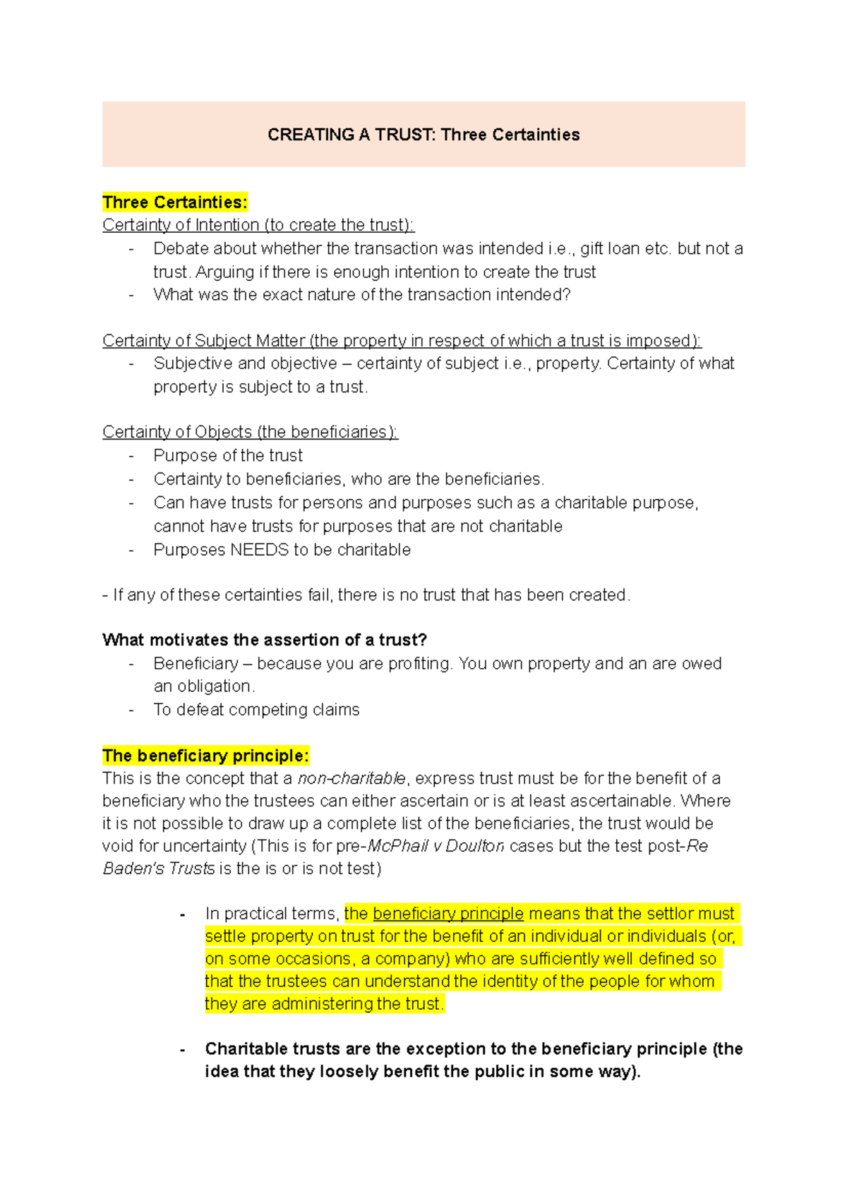 Certainty of intent - CREATING A TRUST: Three Certainties Three Certainties: Certainty of ...