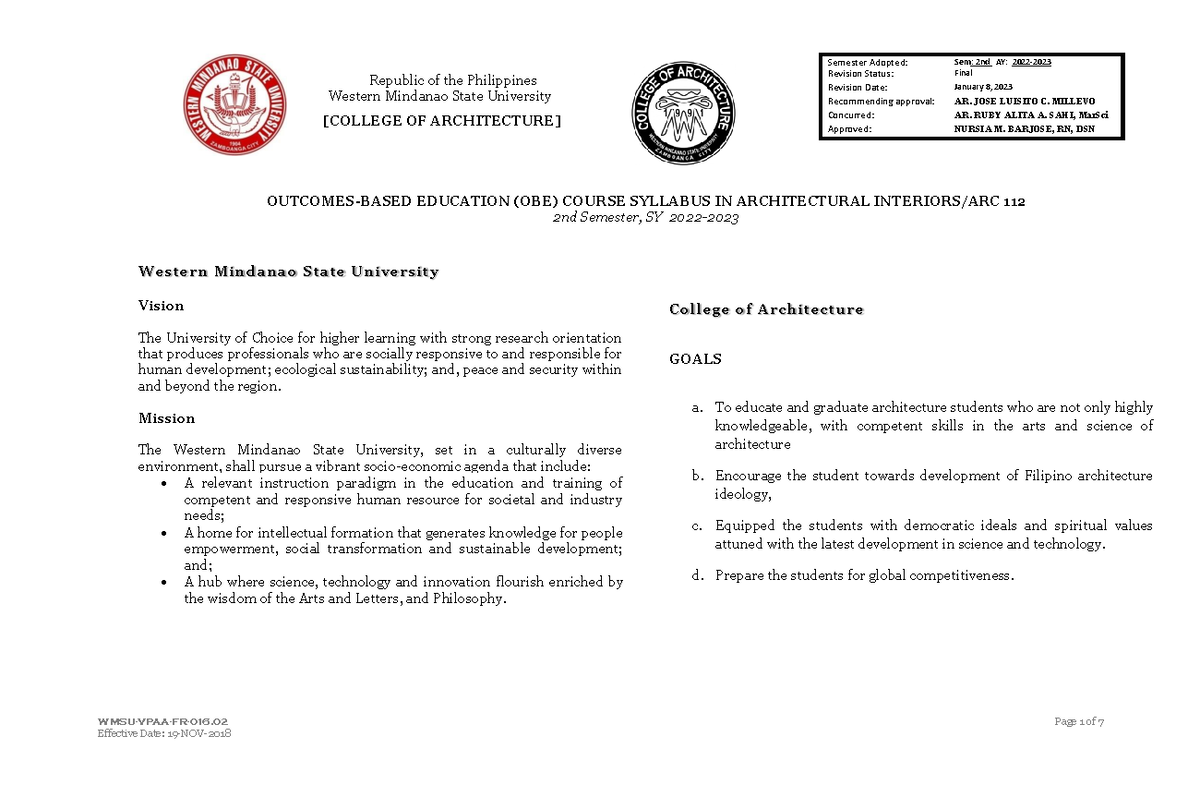 OBE- Syllabus-Arch - Information data - WMSU-VPAA-FR- 016 .0 2 Page 1 ...