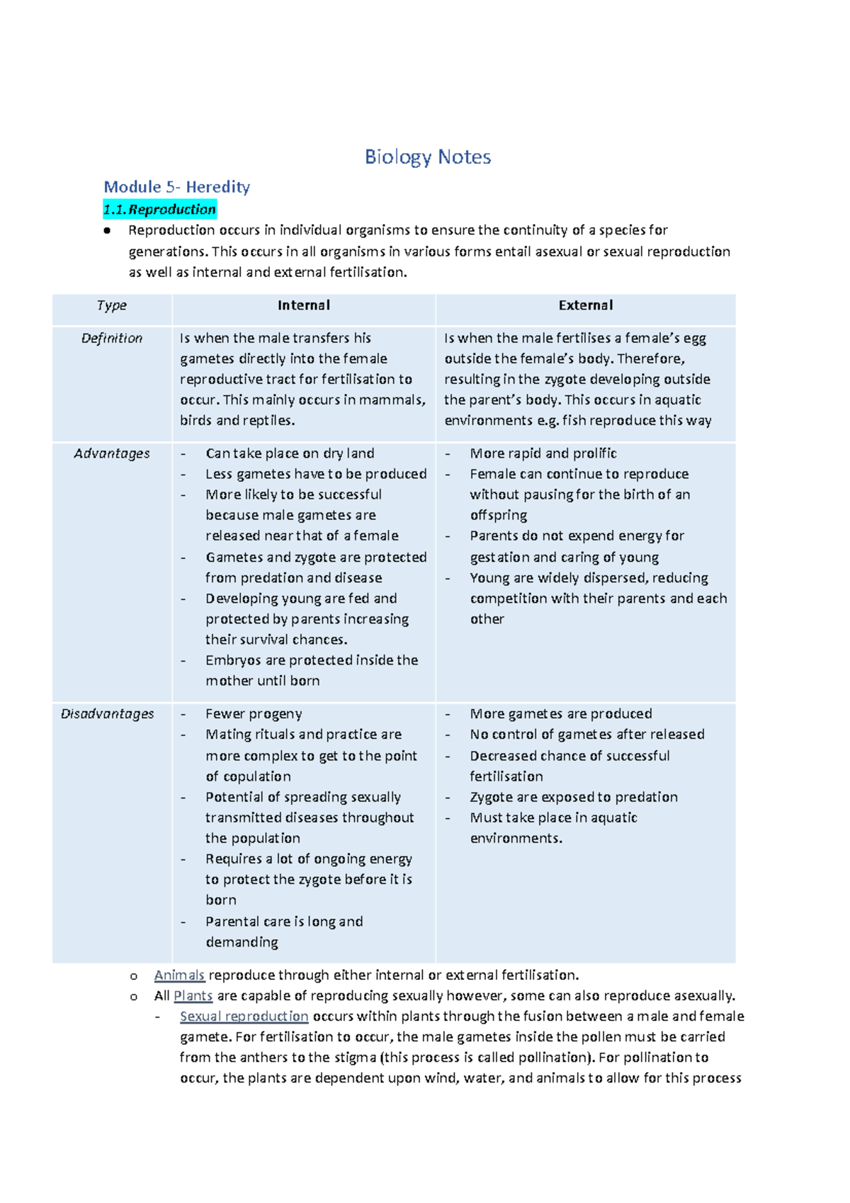 Biology Summary Notes - Biology Notes Module 5- Heredity Reproduction ...