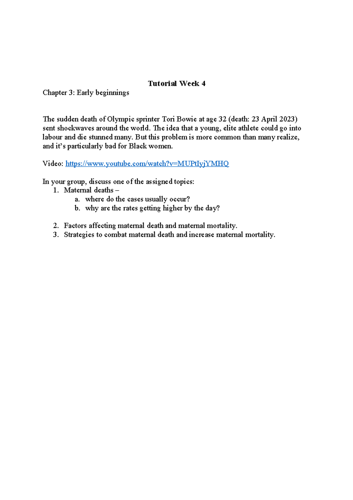 Tutorial WEEK 4 - Tutorial Week 4 Chapter 3: Early beginnings The sudden death of Olympic ...