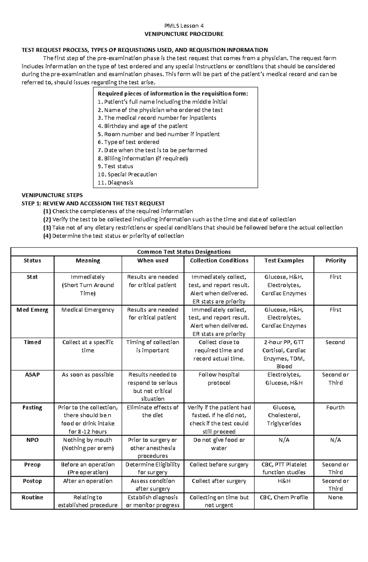 PMLS-Lesson-4 - Lecture notes 4 - PMLS Lesson 4 VENIPUNCTURE PROCEDURE ...