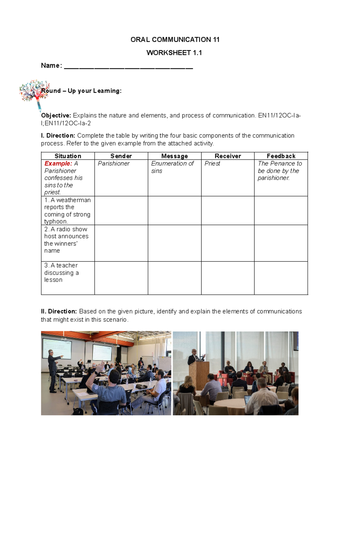 Worksheet 1.1 (Oral Com-Elements of communication) - ORAL COMMUNICATION ...
