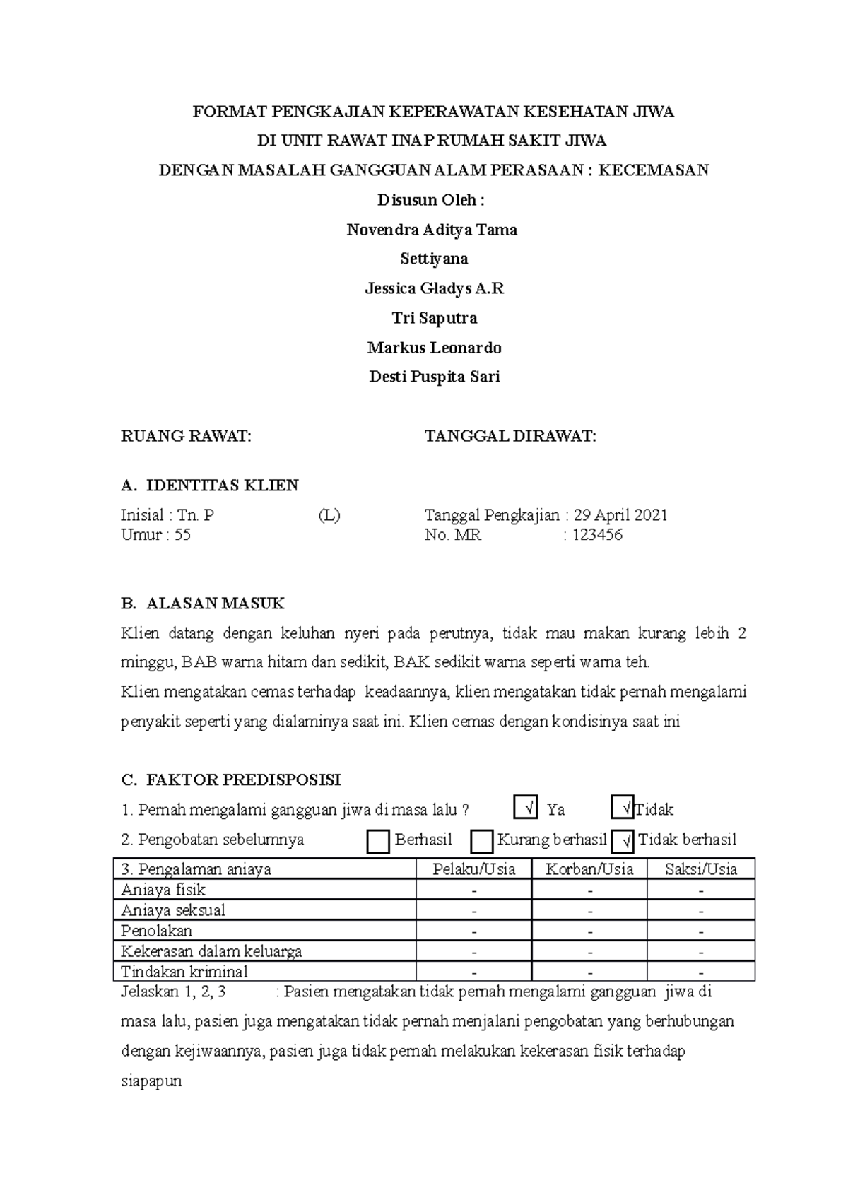 Format Pengkajian JIWA Novendra - FORMAT PENGKAJIAN KEPERAWATAN ...
