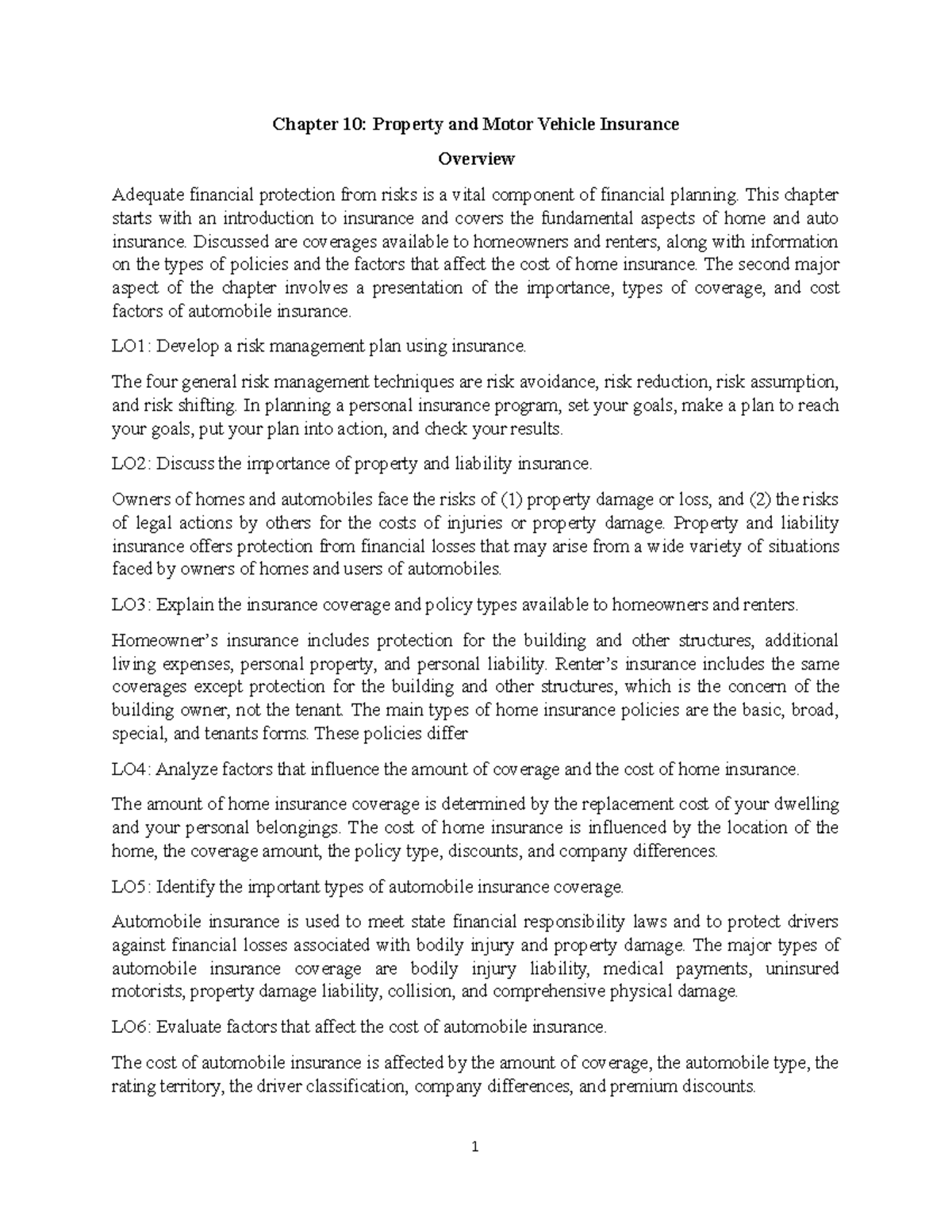 Chapter 10 - notes - Chapter 10: Property and Motor Vehicle Insurance ...