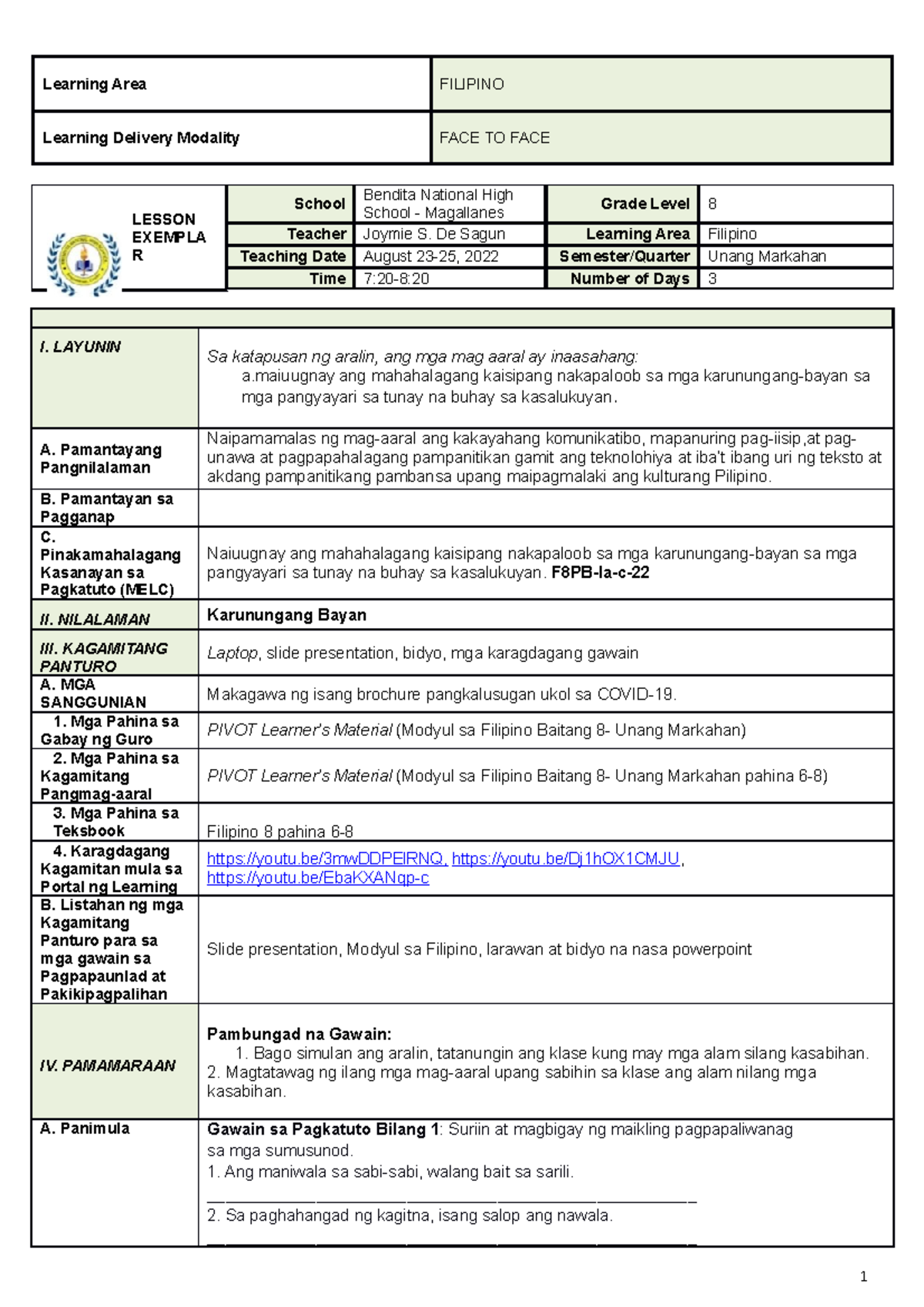 DLP-Week 1 - Filipino 8-Quarter 1 Week 1 - Learning Area FILIPINO Learning Delivery Modality ...