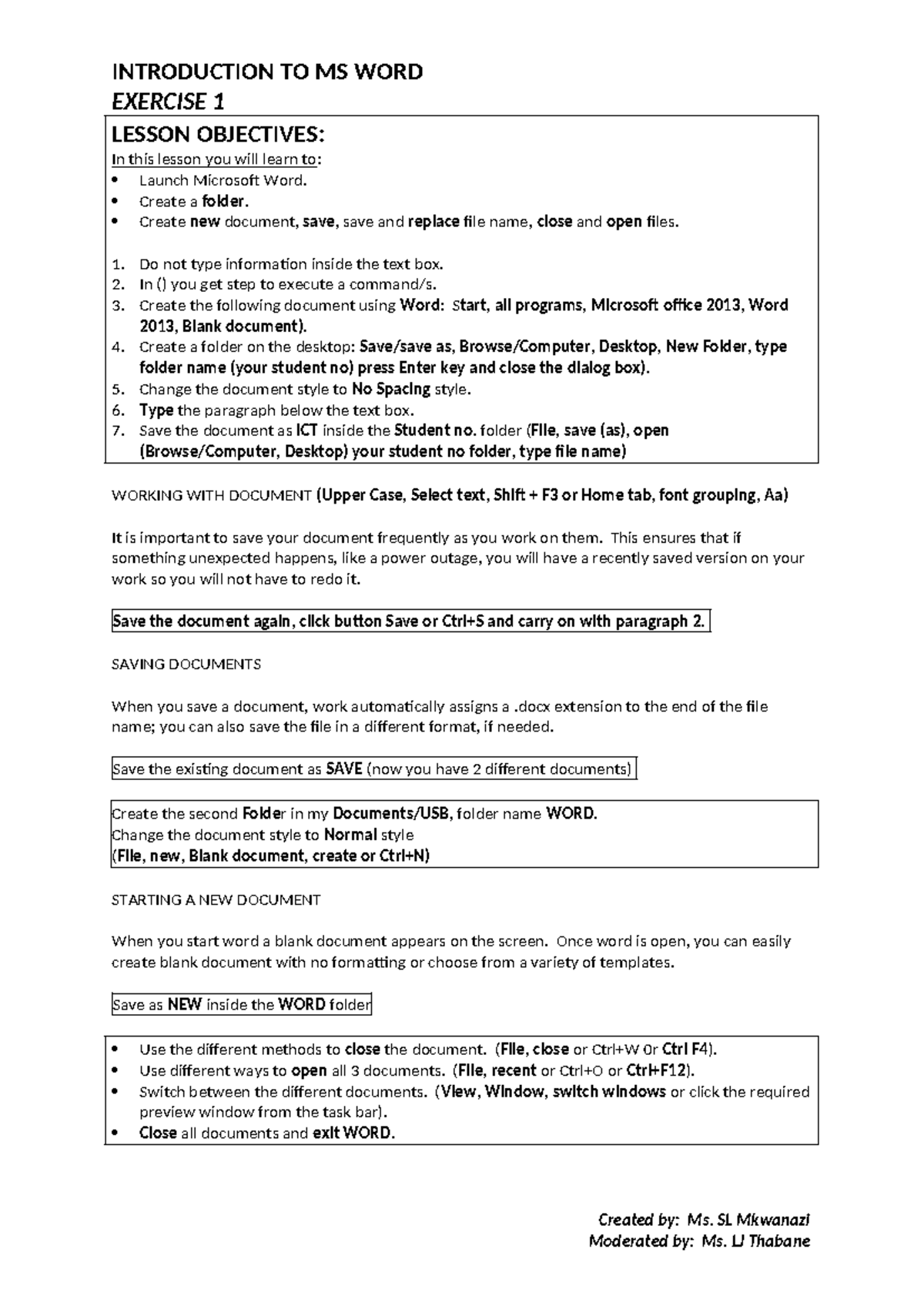 Exercise 1 - Introduction - INTRODUCTION TO MS WORD EXERCISE 1 LESSON ...