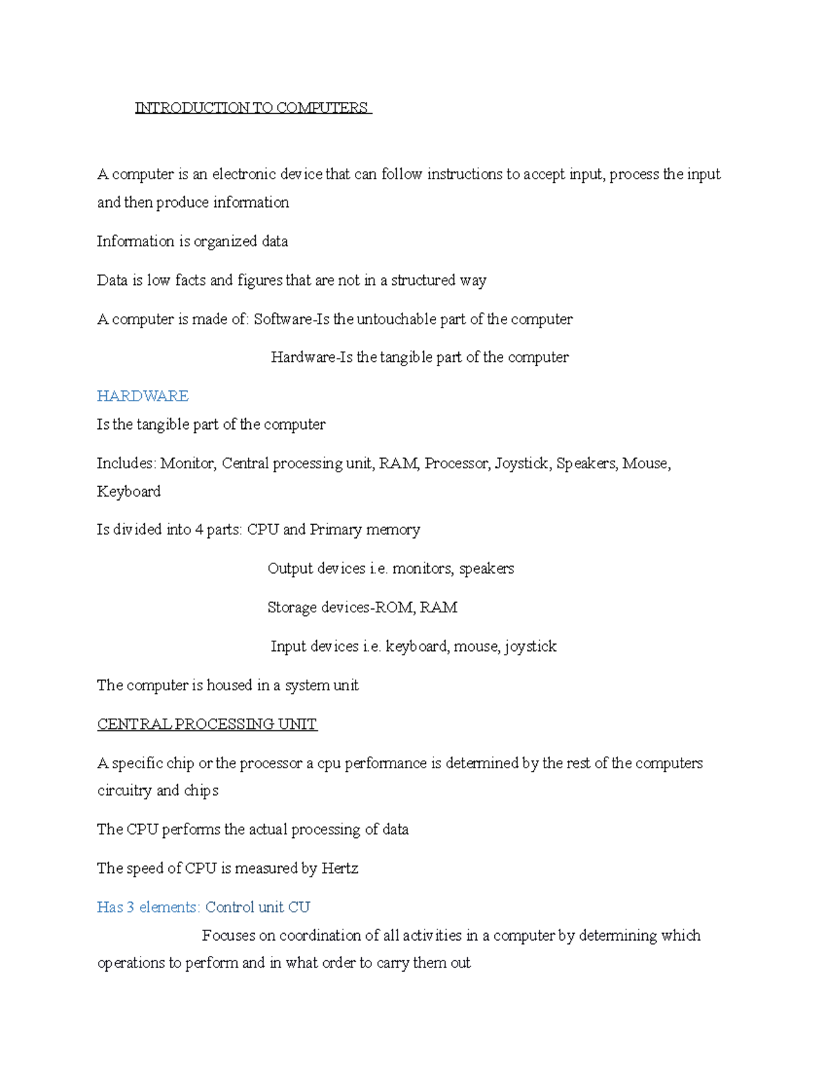 Patience - INTRODUCTION TO COMPUTERS A computer is an electronic device ...