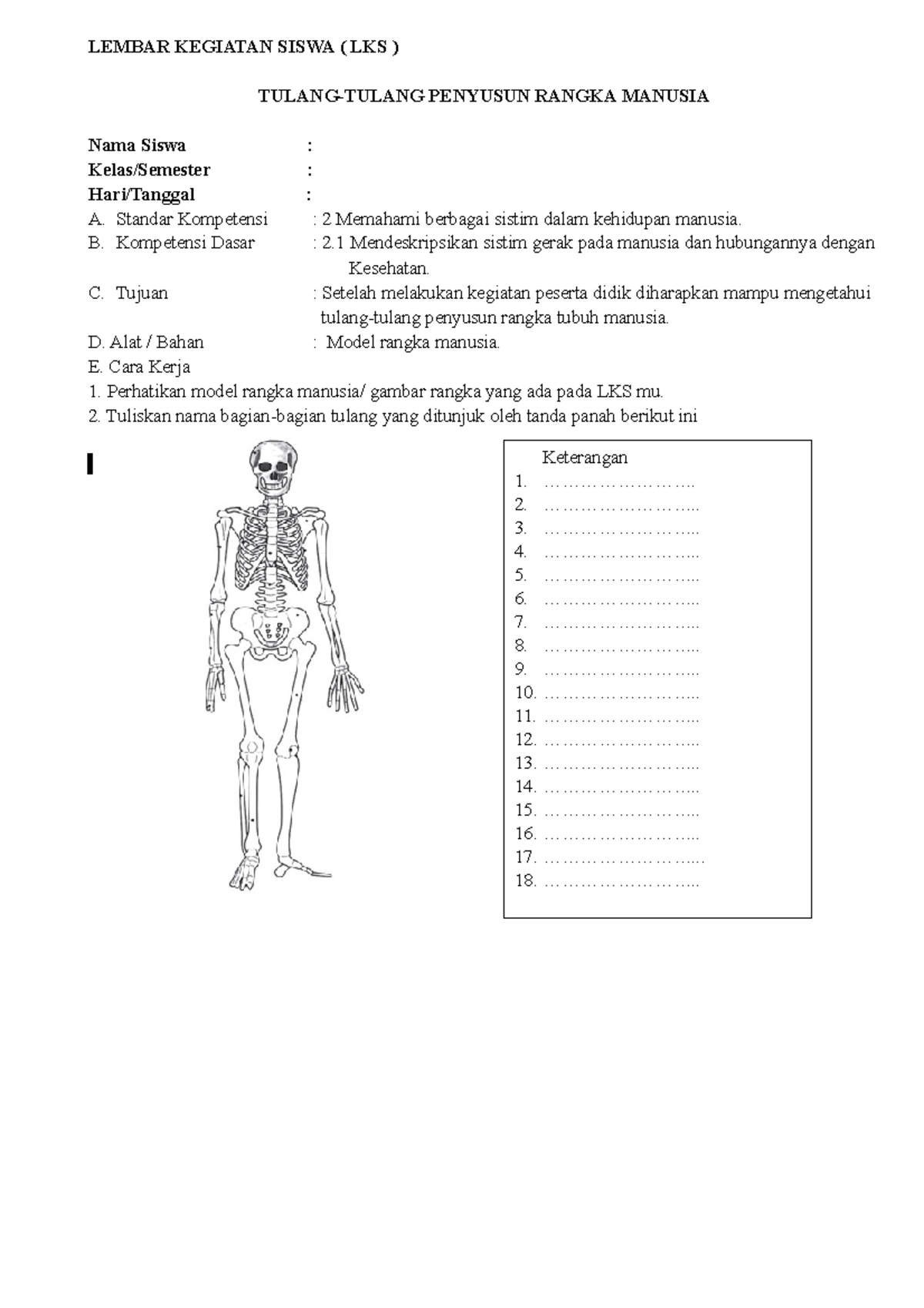 LKS Sistem Gerak manusia - LEMBAR KEGIATAN SISWA ( LKS ) TULANG-TULANG ...