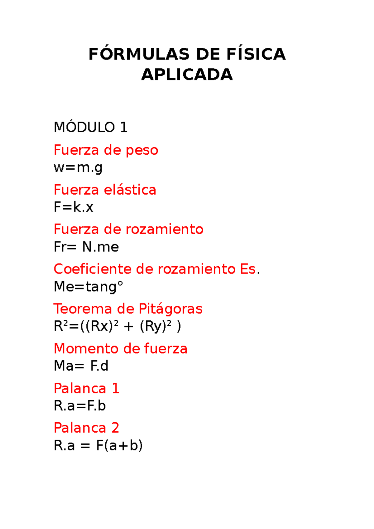 Fórmulas DE Física Aplicada - FÓRMULAS DE FÍSICA APLICADA MÓDULO 1 ...