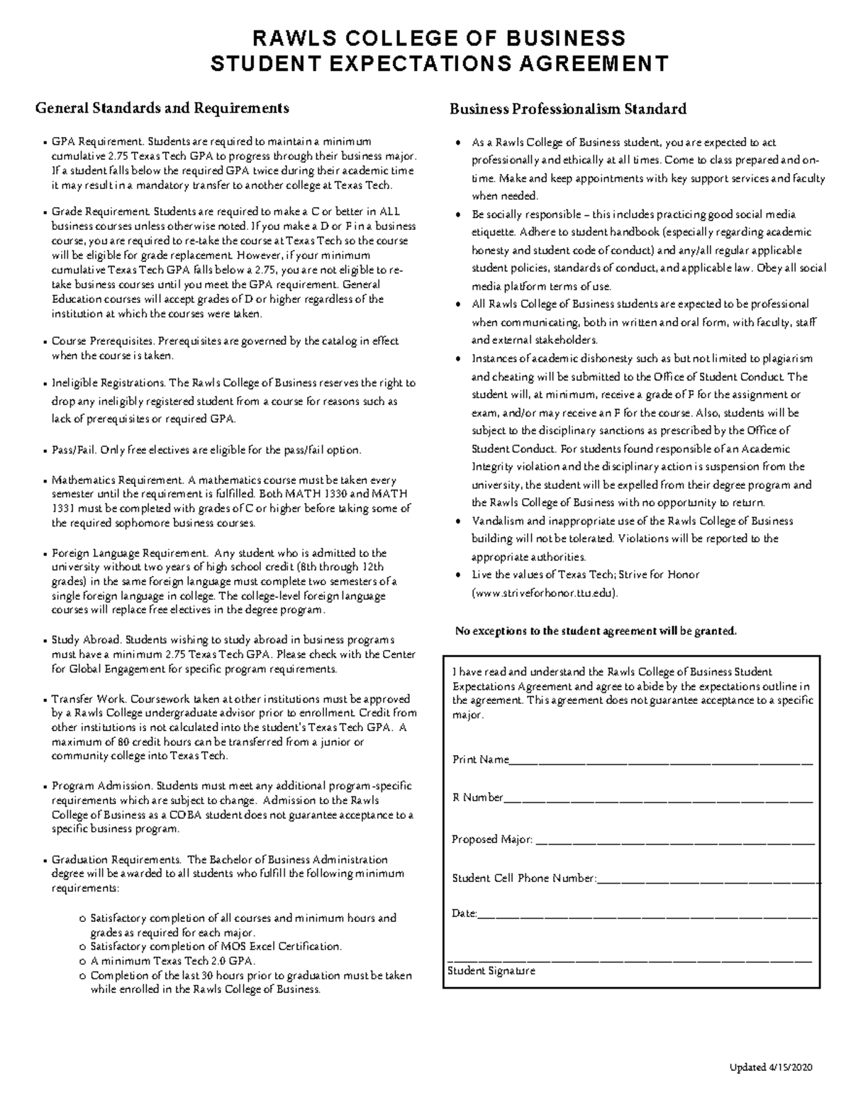 2020 Student Expectation Agreement- Fillable - RAWLS COLLEGE OF ...