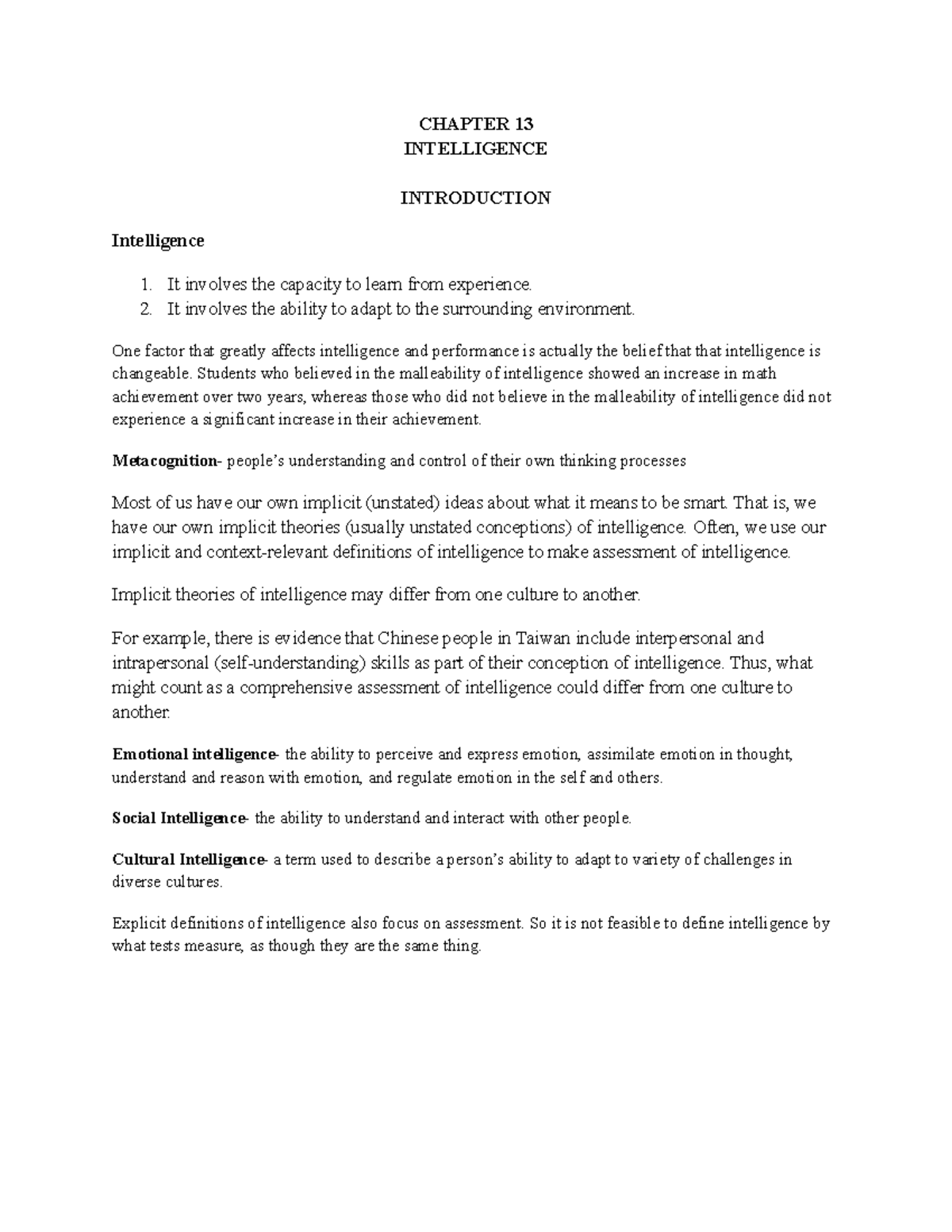 A Summary and Outline of Chapter 13 - Intelligence - CHAPTER 13 ...