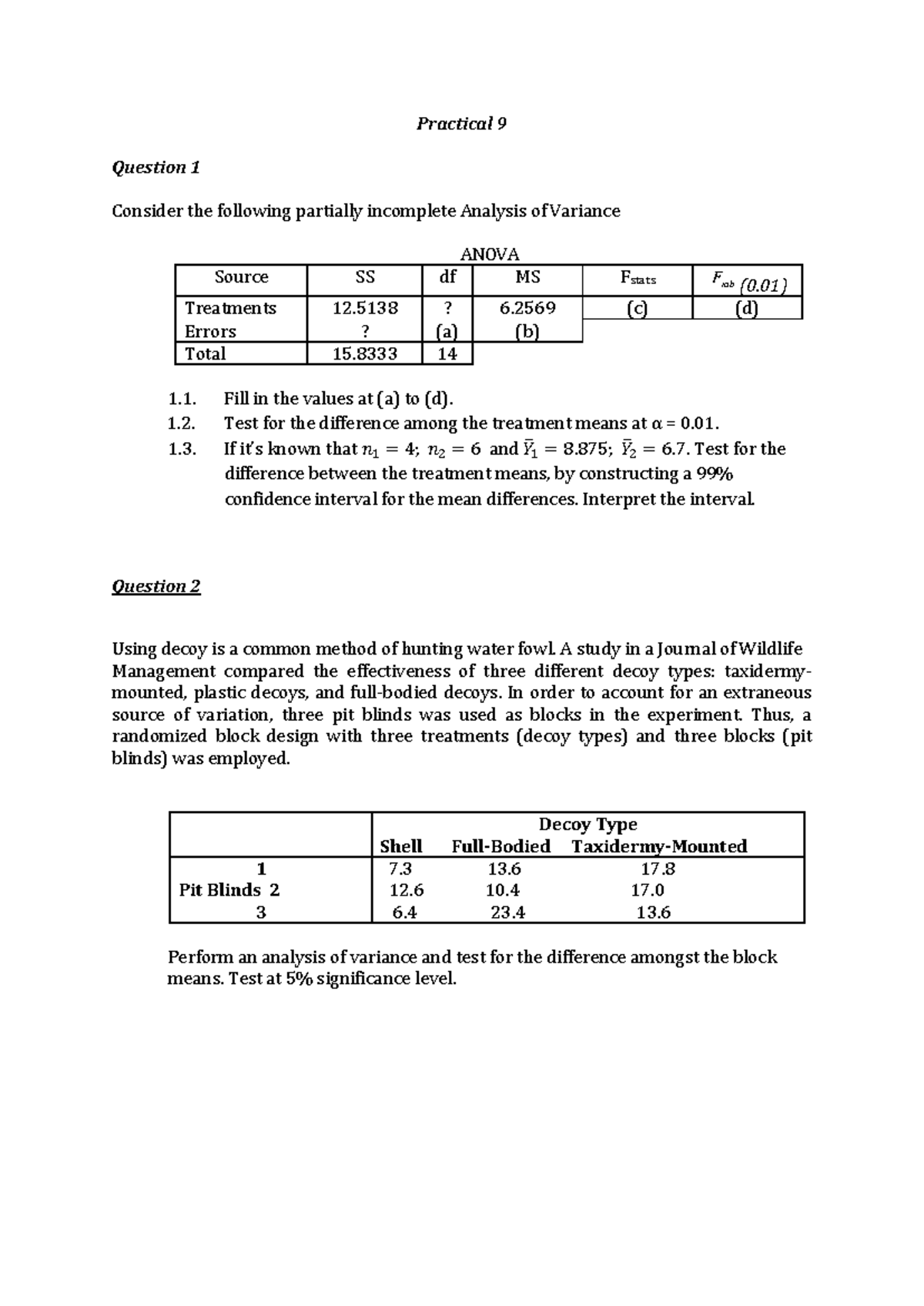 Practical 9 - PRACTISE - Practical 9 Question 1 Consider the following ...