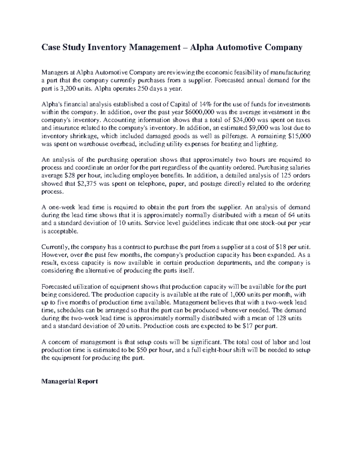 Case Study Alpha Automotive Company - Case Study Inventory Management ...