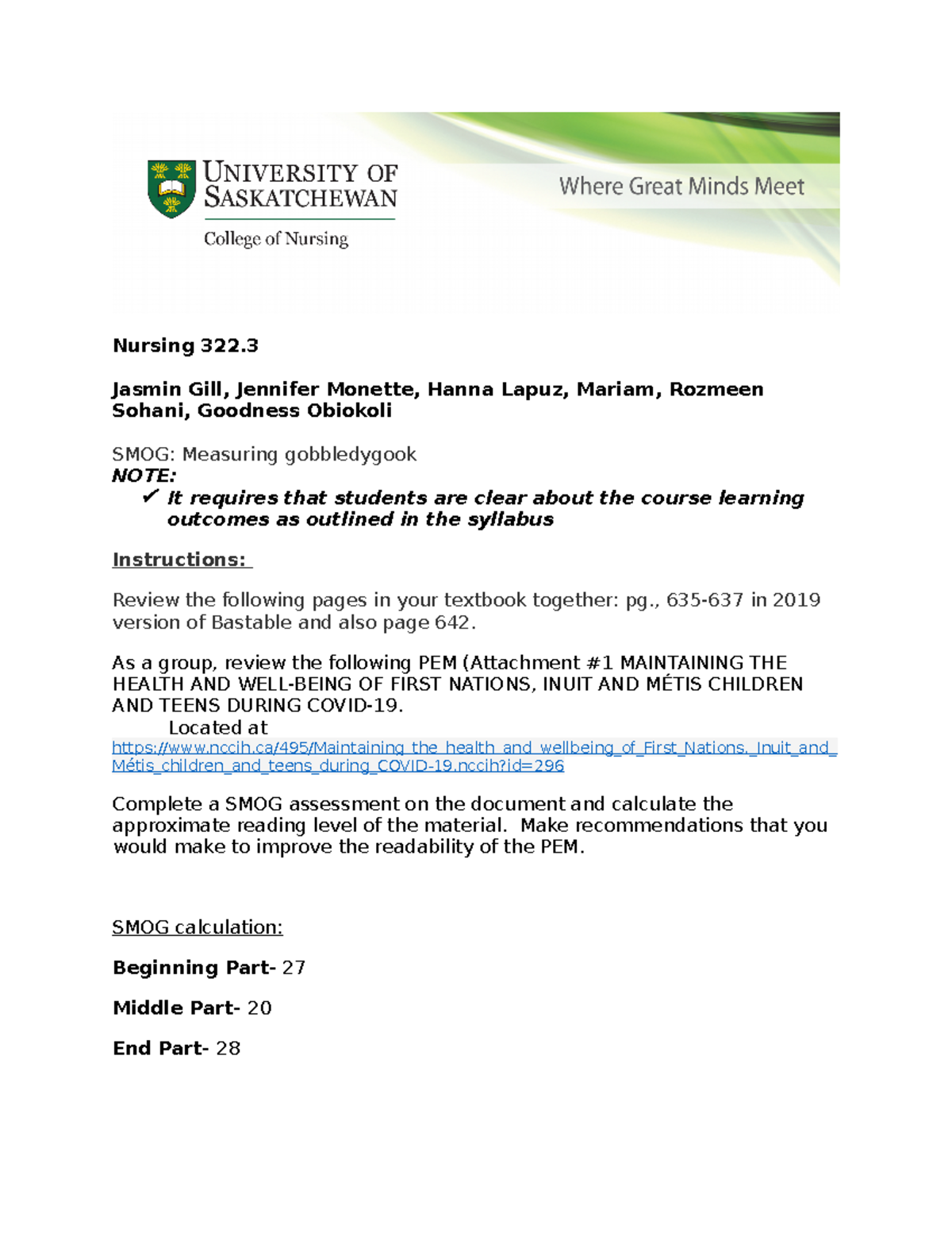 N322 SMOG activity Gobbledygook (group) - Nursing 322. Jasmin Gill ...