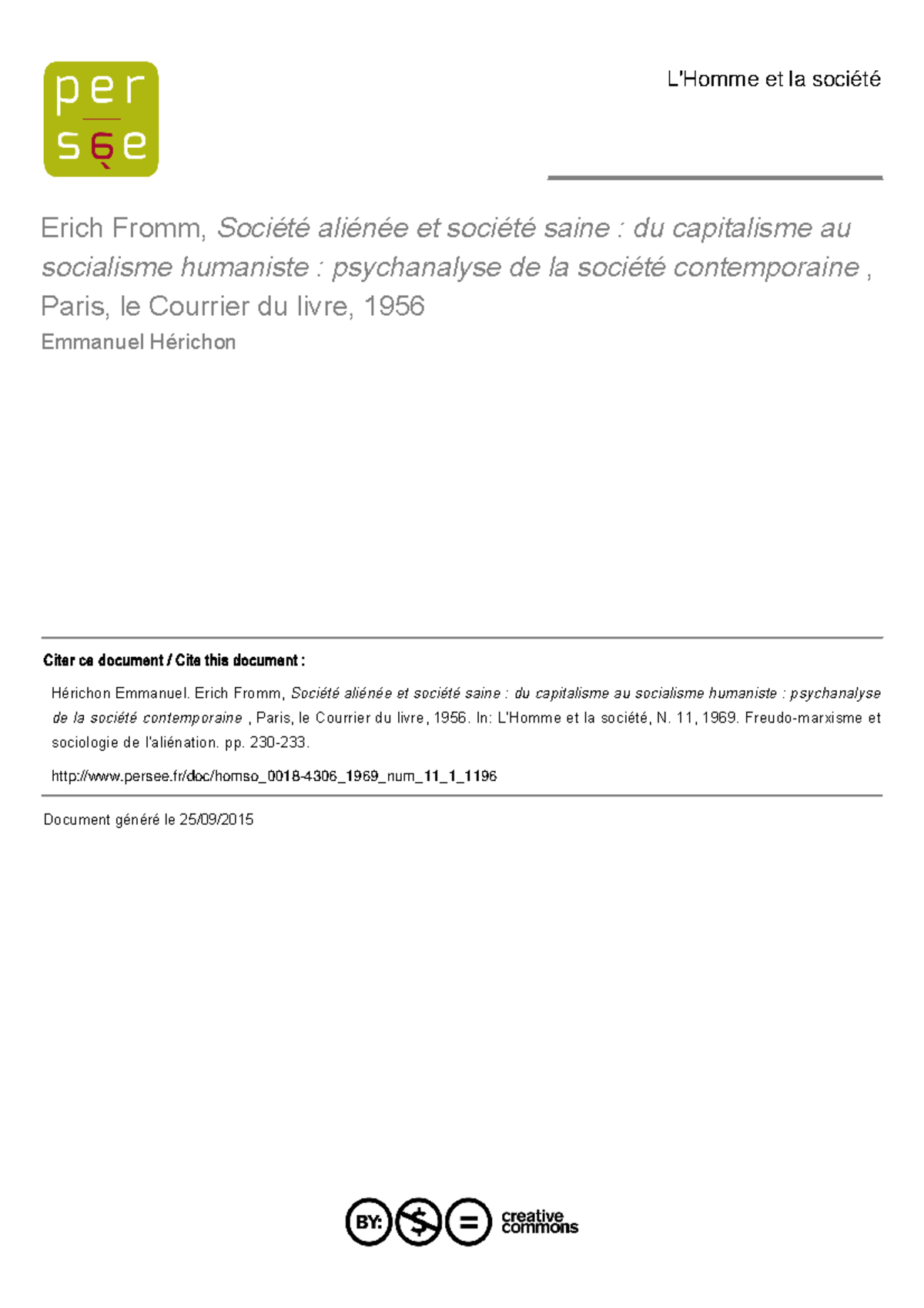 Homso 0018-4306 1969 num 11 1 1196 - L'Homme et la société Erich Fromm ...