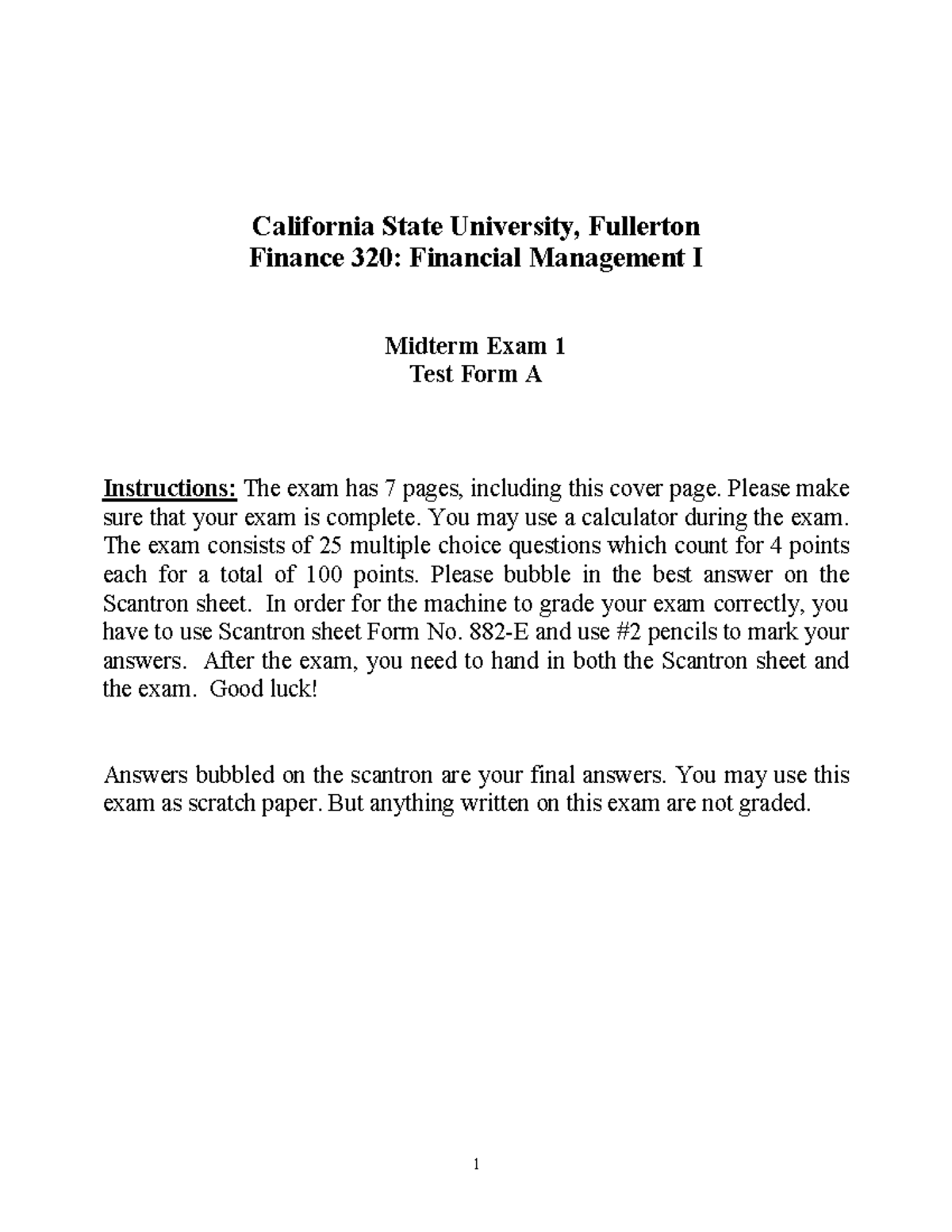 Sample midterm 1 - California State University, Fullerton Finance 320: Financial Management I ...